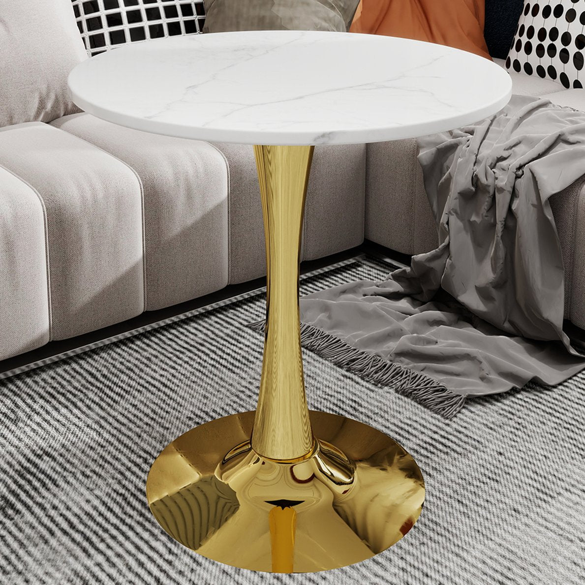 Marble-Top Round Side Table With Gold Pedestal Base – Modern Minimalis