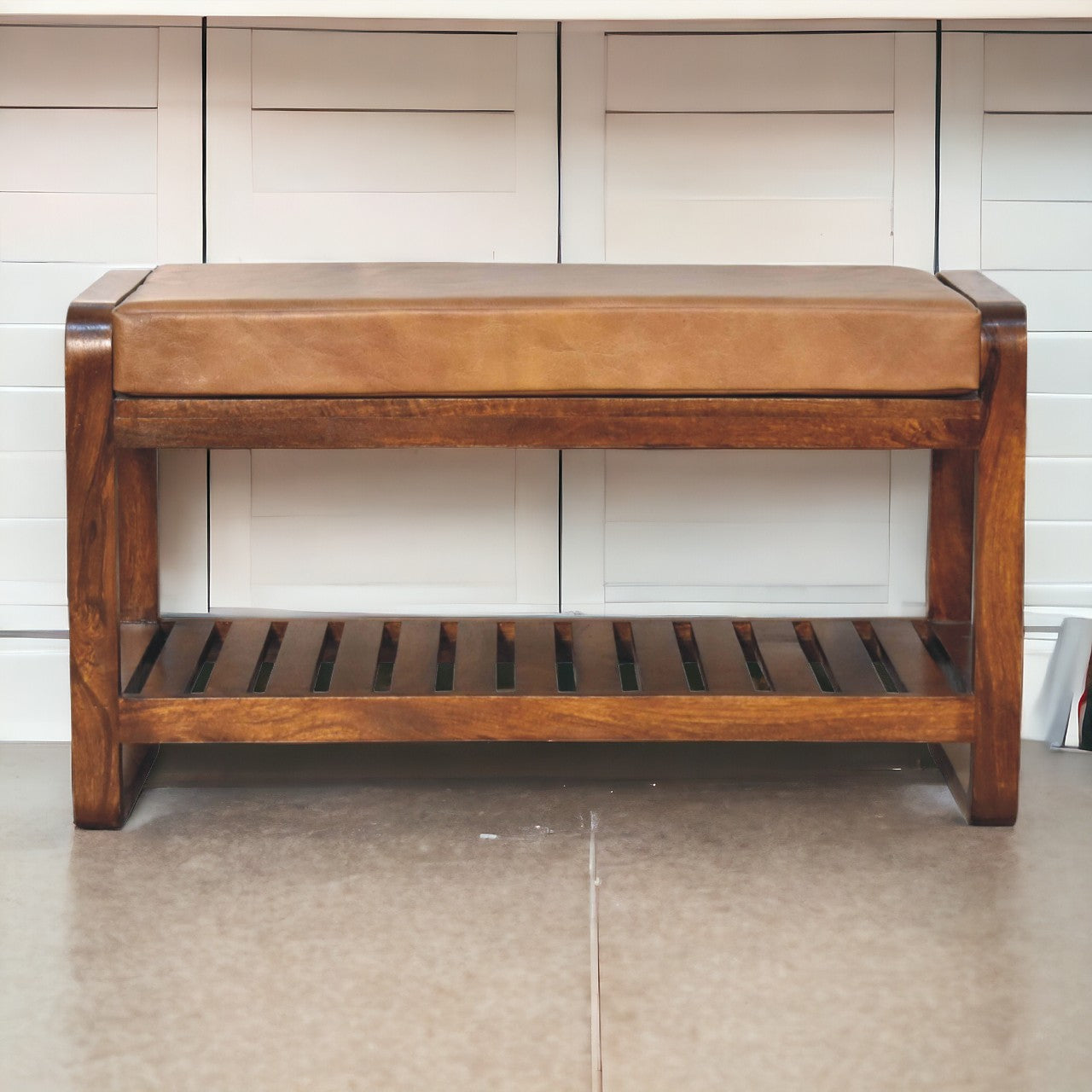 Buffalo Slatted Hallway Bench With Buffalo Hide Seat, Solid Mango Wood