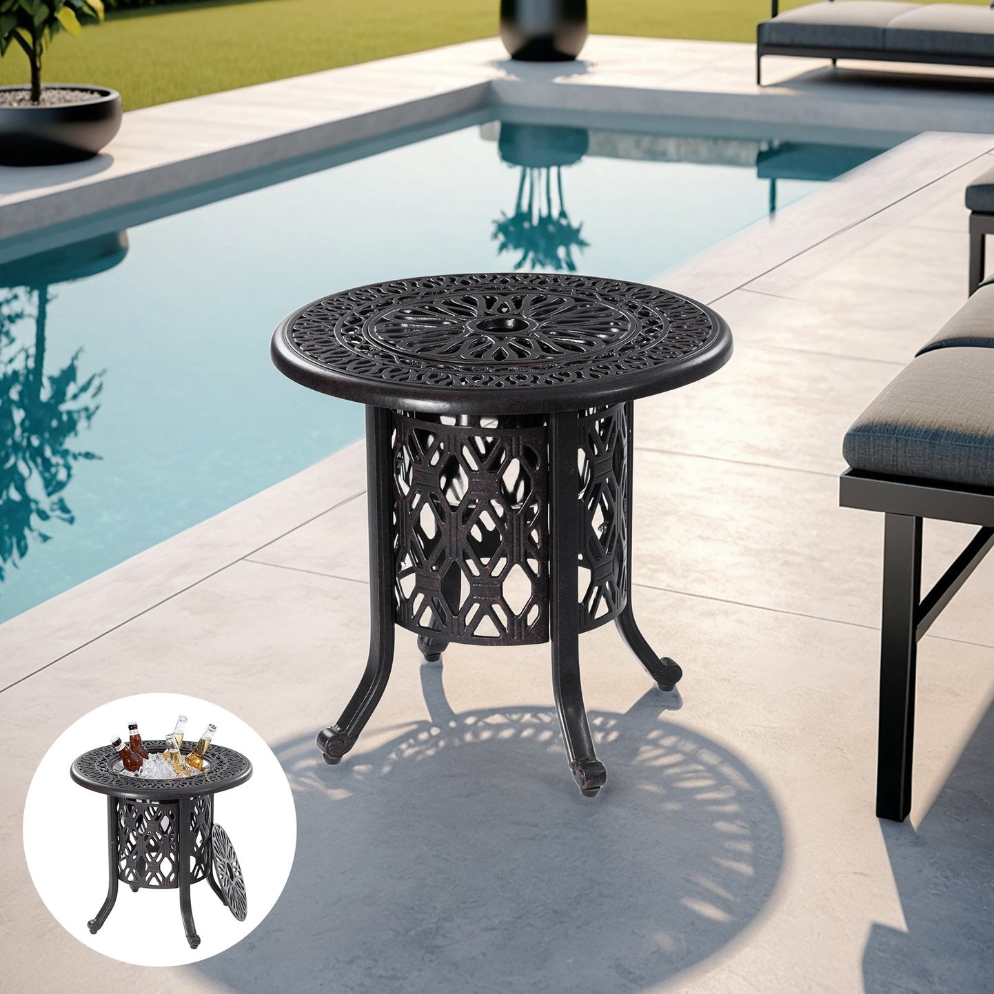 21" Rustproof Ice Bucket Side Table with Hand-Brushed Cast Aluminum Fr
