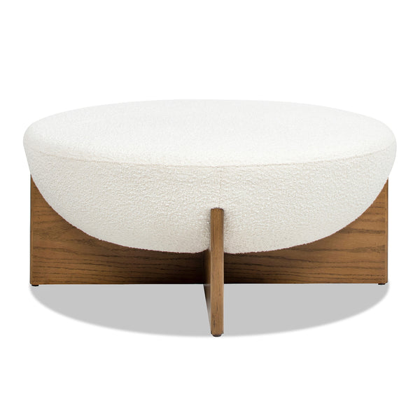 Handcrafted Bali 37" Round Ottoman, Ivory White Boucle & Natural Wood ...