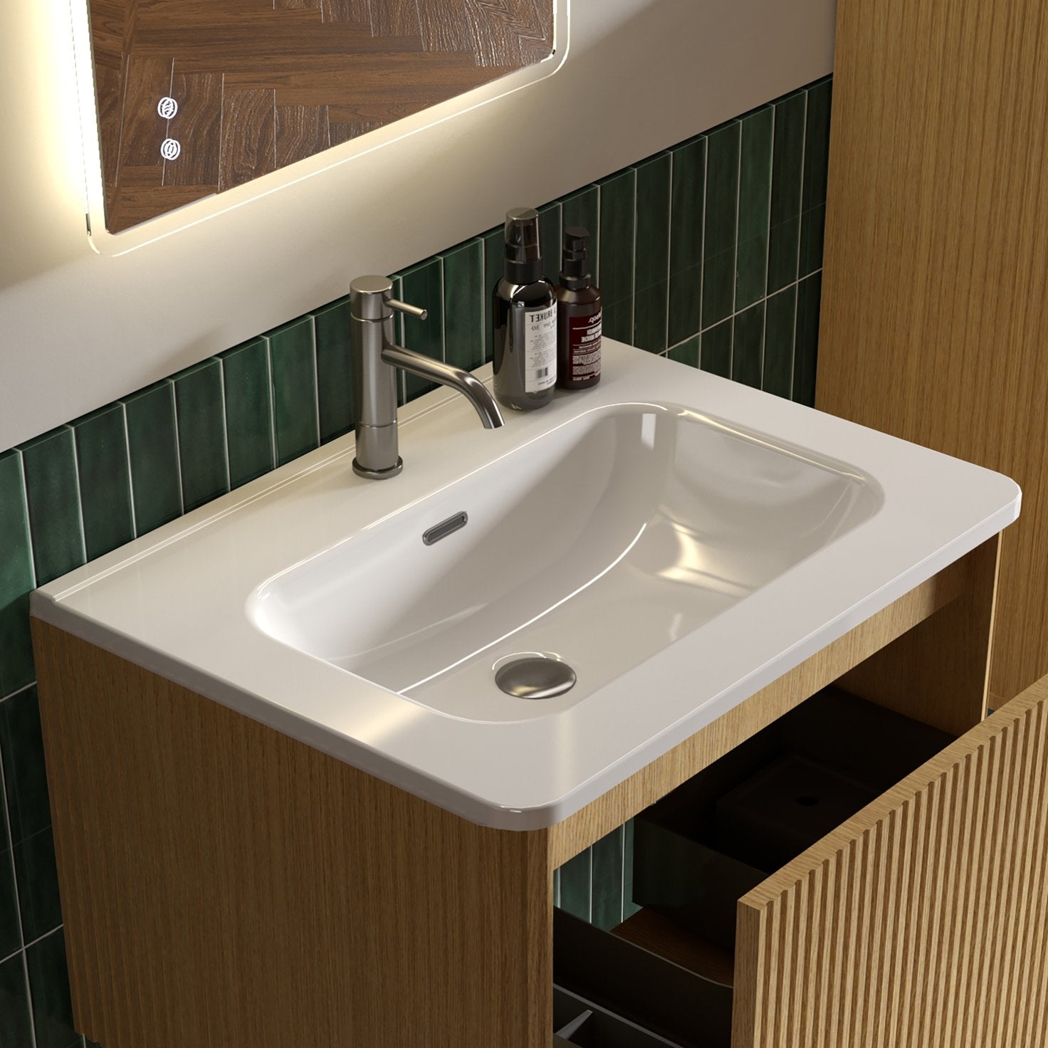 Bb04-30-301, Glossy White Ceramic Integrated Basin With Rounded Edges