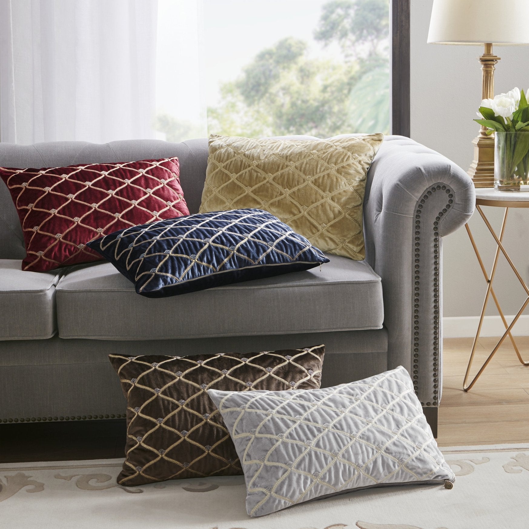 Oblong Luxurious Navy Velvet Pillow 22x15" Foxtail Stitch & Hand-Beade
