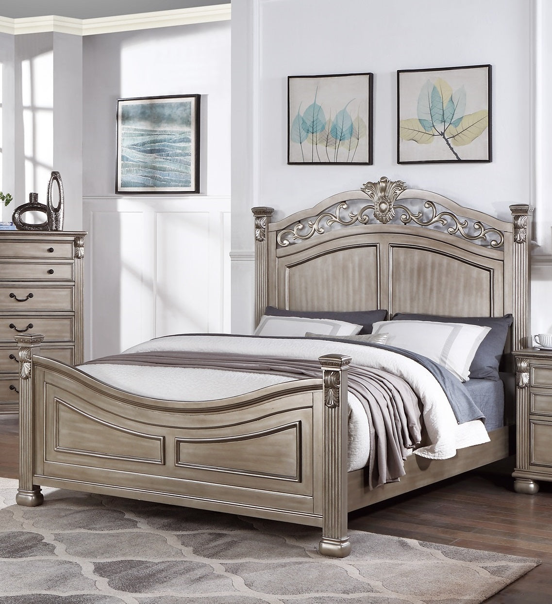Formal Antique Silver Queen Bed Frame With Elegant Headboard & Footboa