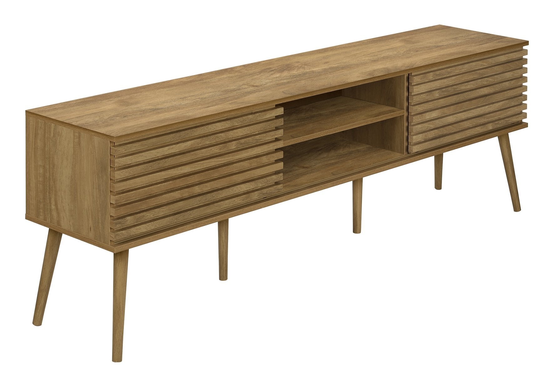 Tv Stand 72" Walnut Laminate Media Console With Sliding Doors, Open Sh
