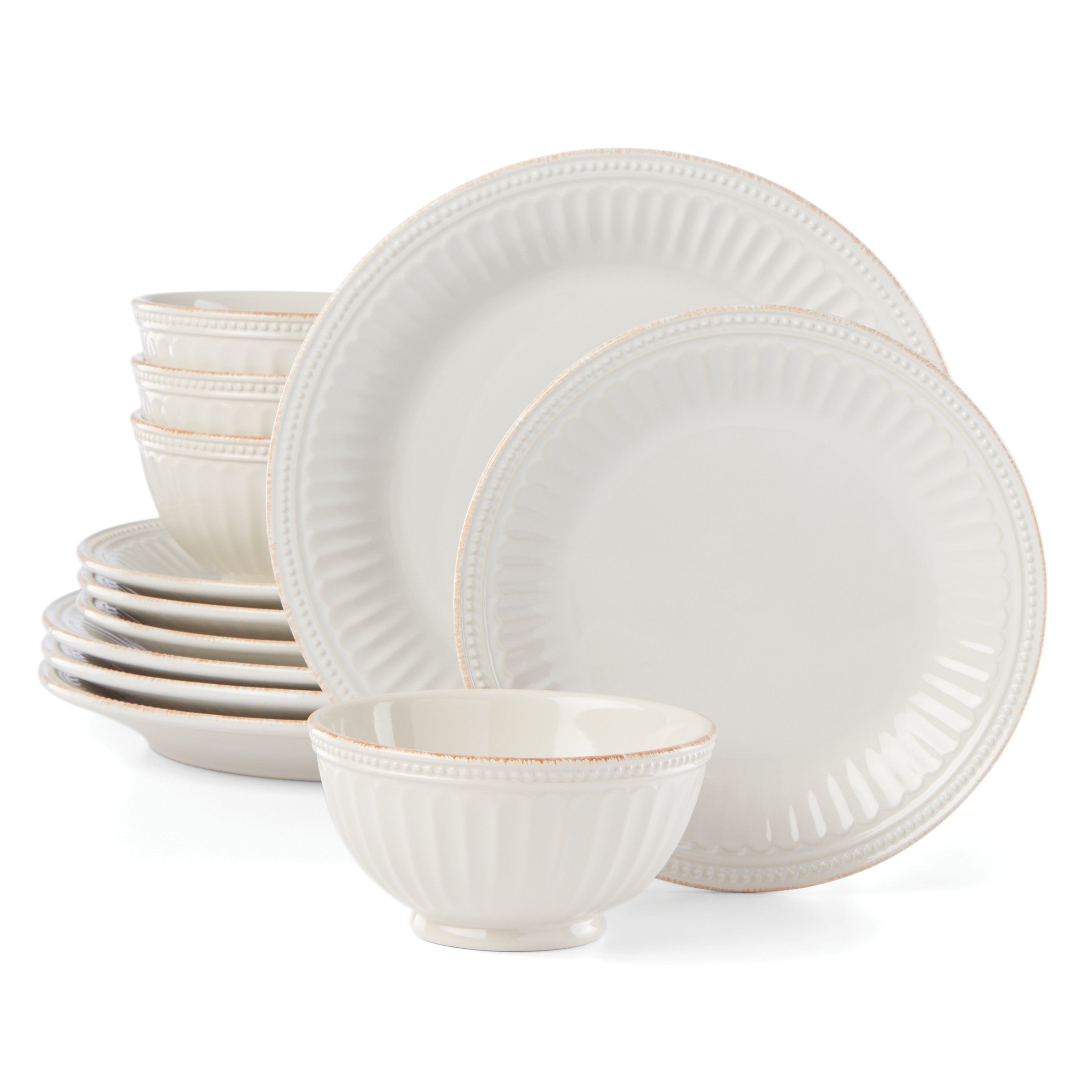 French Perle Groove 12-Piece Dinnerware Set - Rustic Charm, Microwave