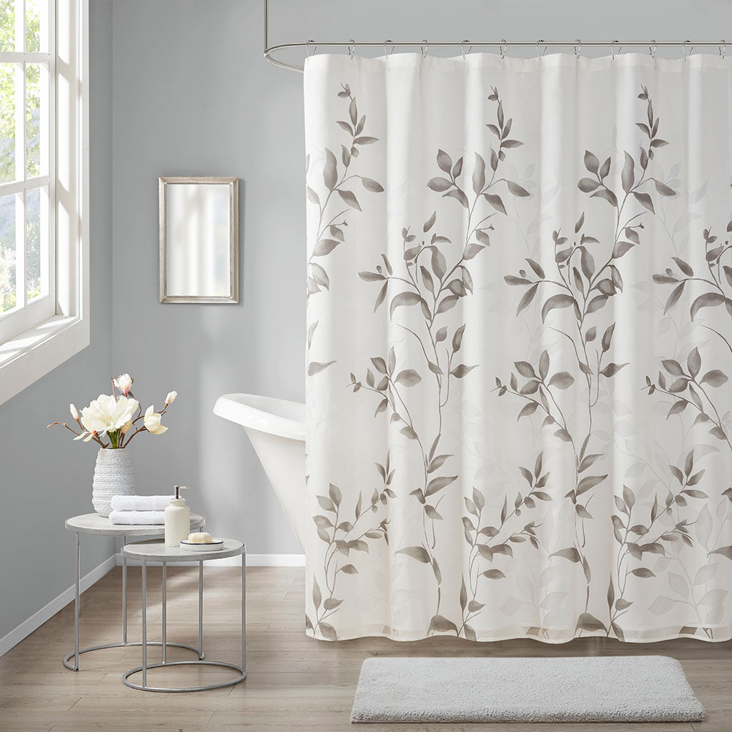 Madison Park - Burnout Cecily 72X72 Grey Botanical Shower Curtain With
