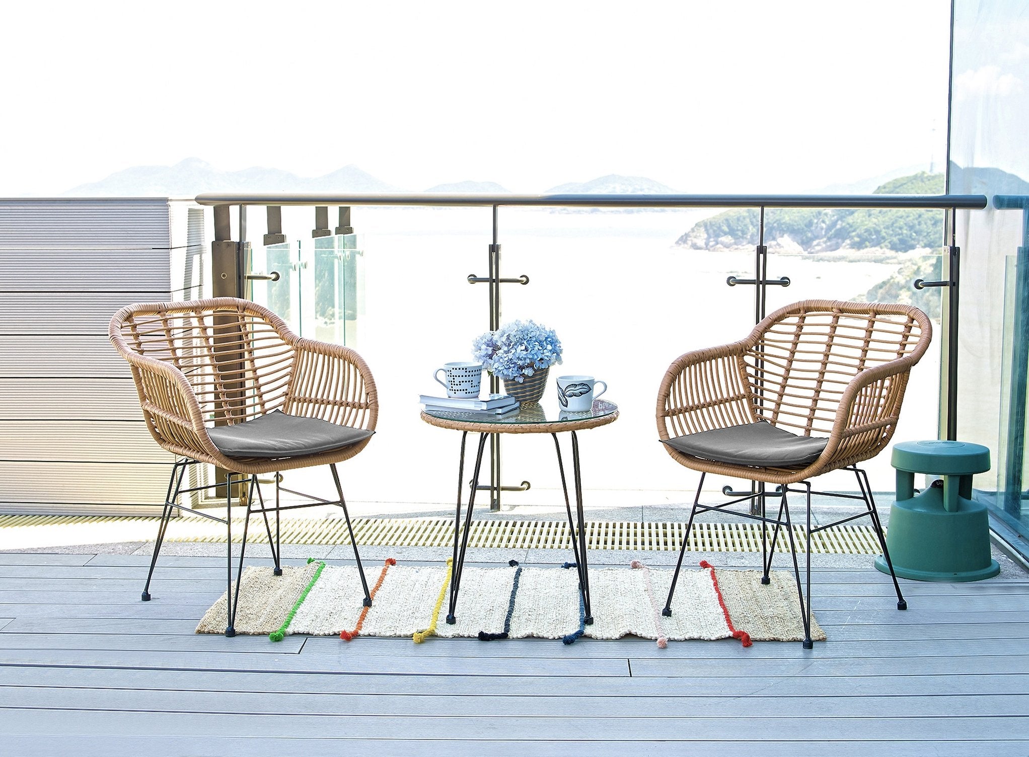 Antibes Outdoor 3-Piece Conversation Set with Tempered Glass Table and