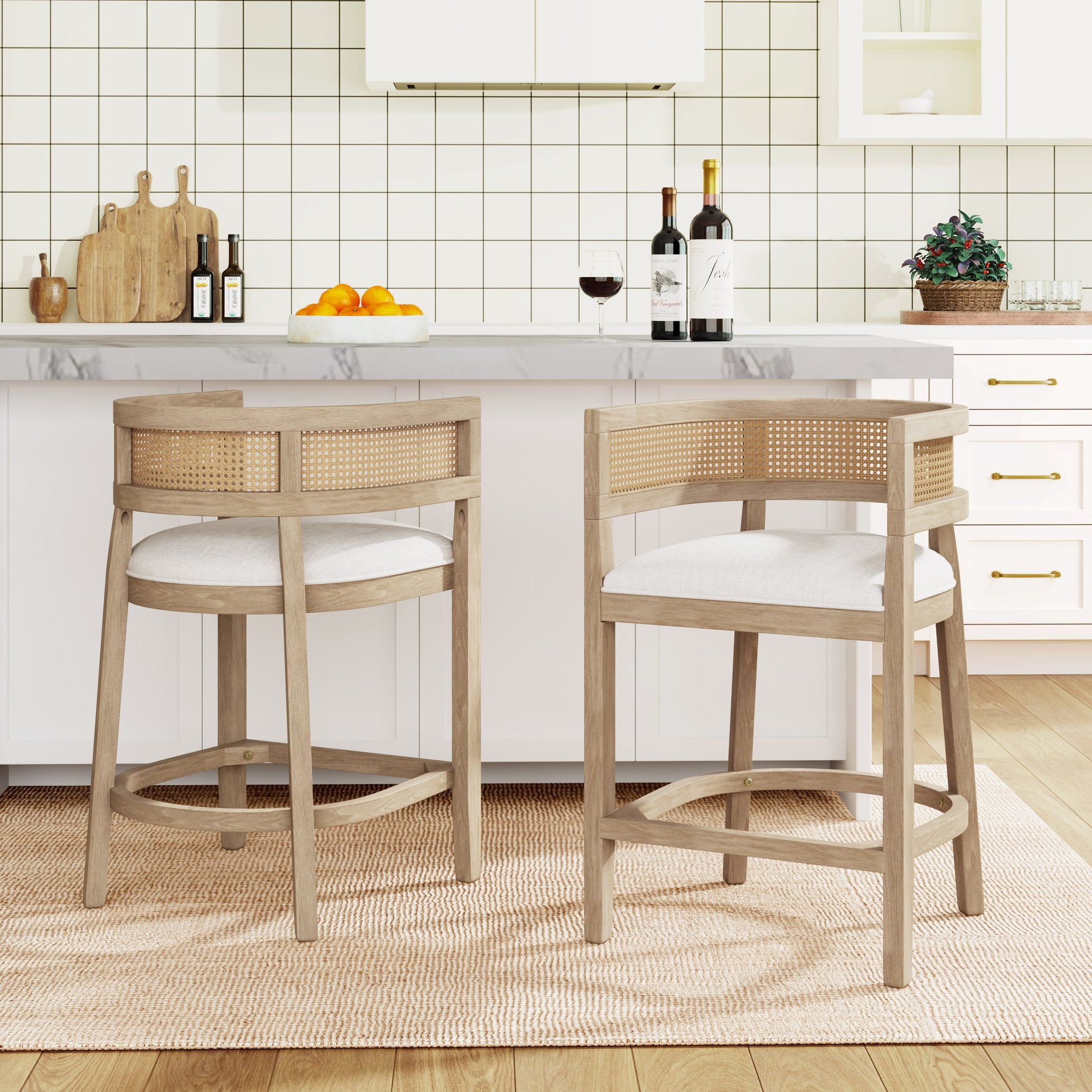 Wood Upholstered Arm Counter Stools Set of 2 - Beige & Natural Ash - S