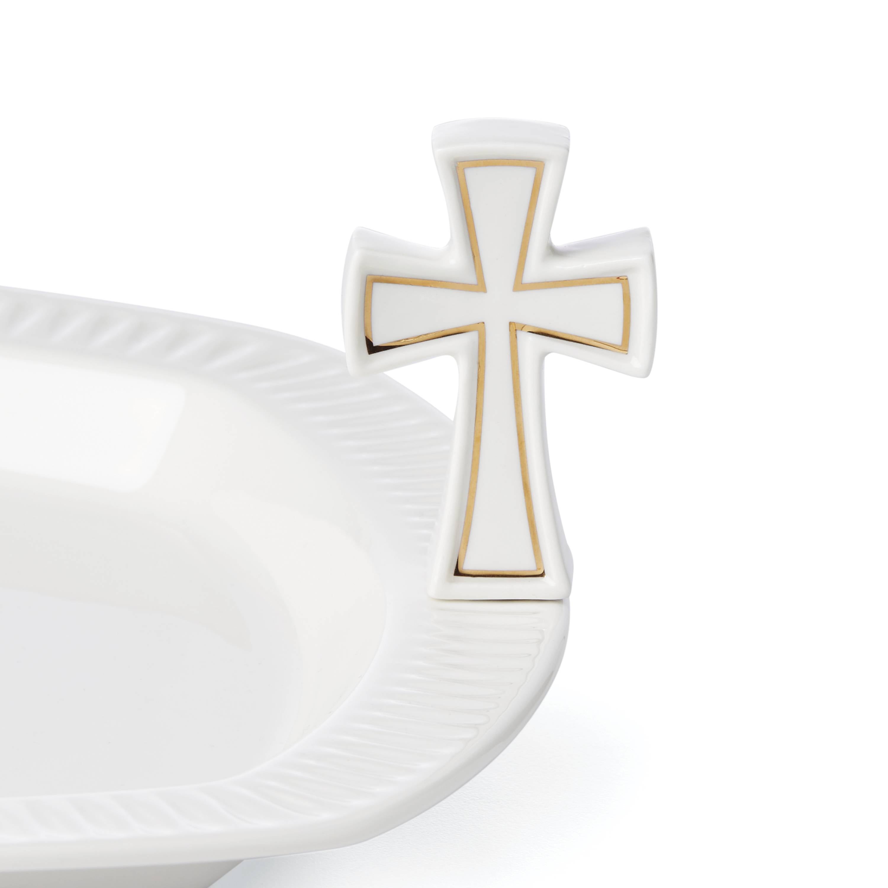 Profile Popper Cross Charm: Porcelain Table Decor with 24k Gold Accent