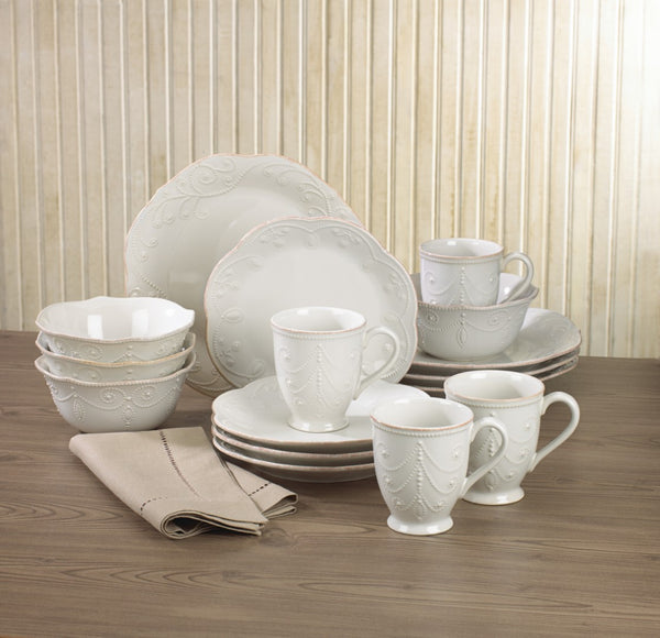 French Perle 16-Piece White Stoneware Dinnerware Set with Scalloped Ed ...