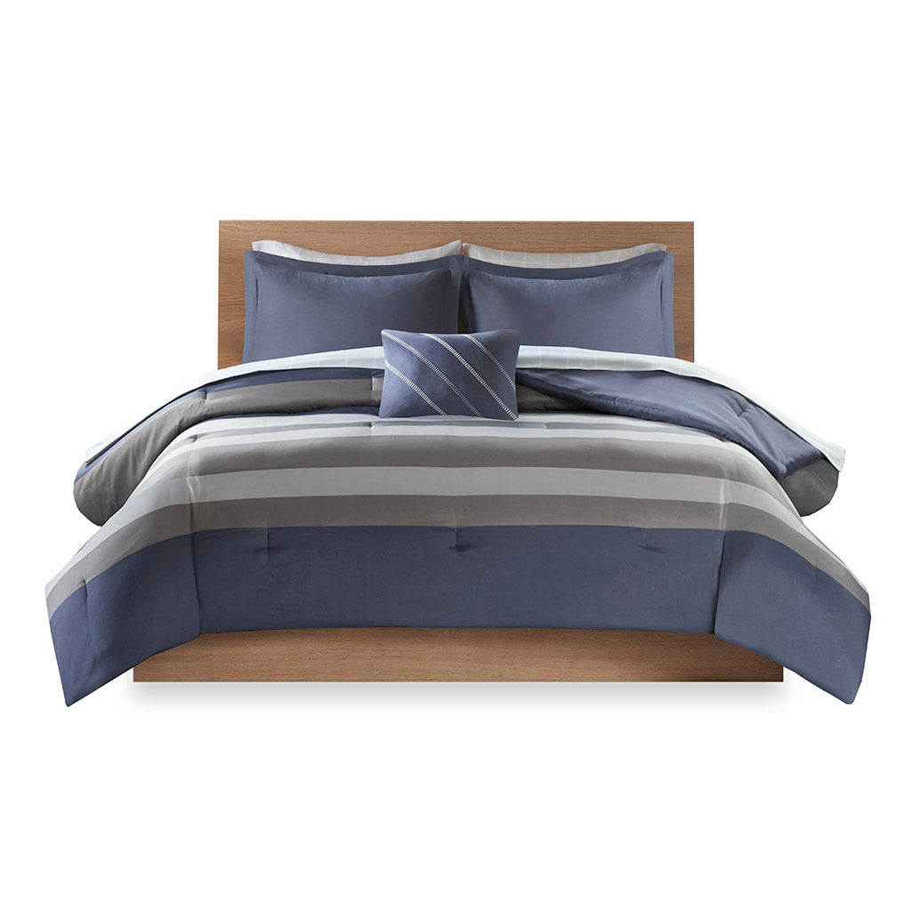 Intelligent Design - Striped Modern Grey & Blue Comforter Set With She