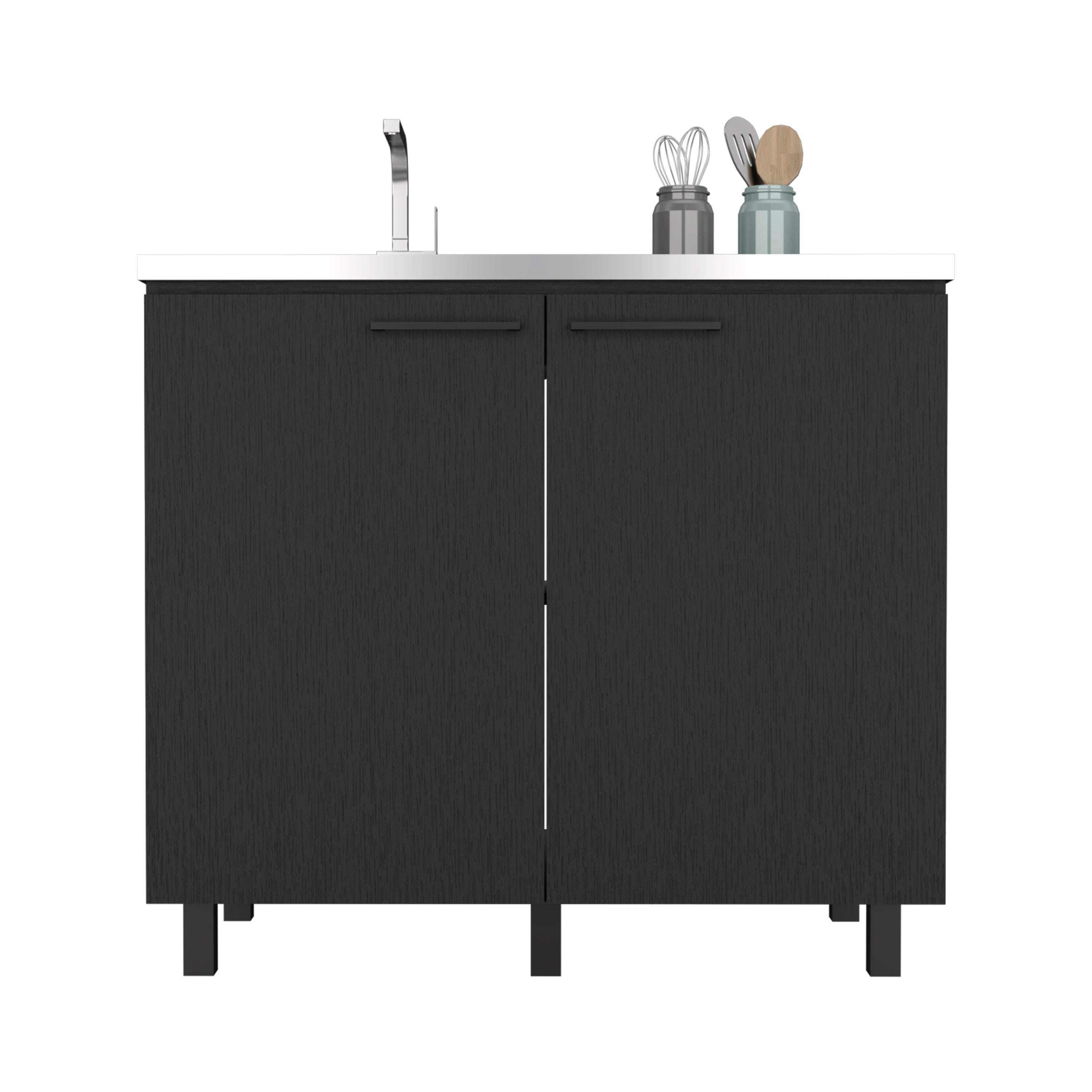 2 Freestanding Utility Base Cabinet with Stainless Steel Top, Black En