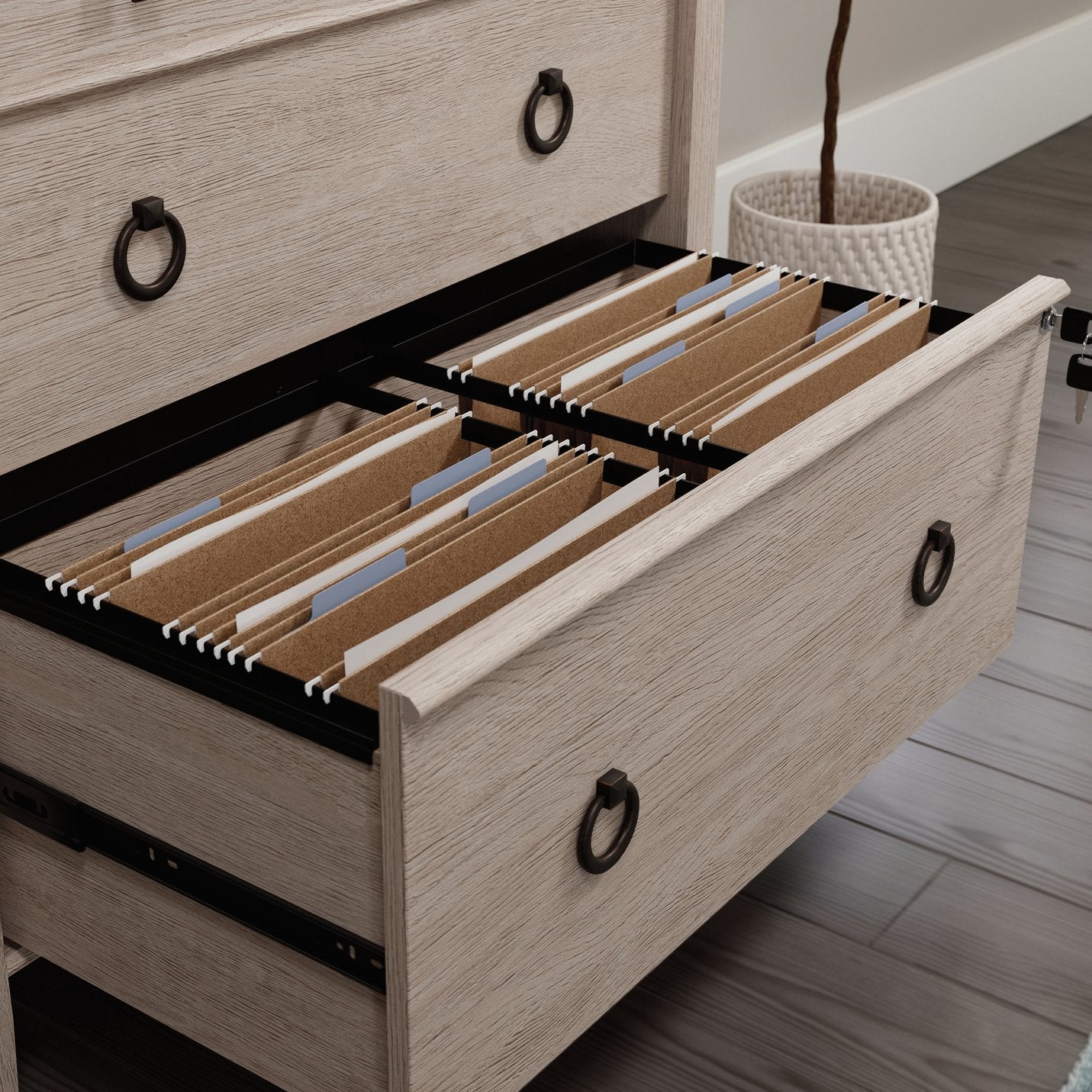 Lateral File Cabinet With Key Lock, Stylish Brown Oak Finish For Organ
