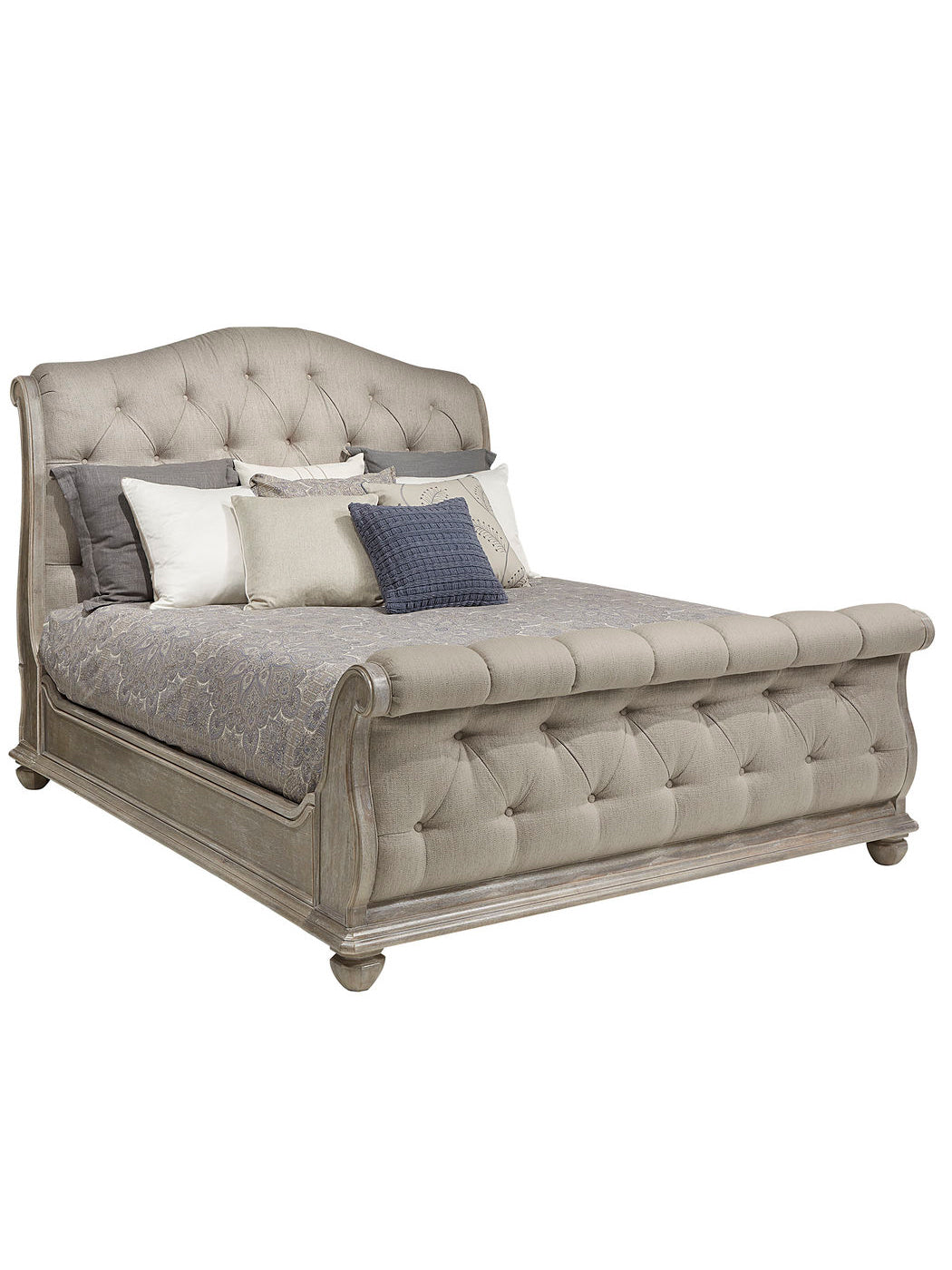 Summer Upholstered Bed in Distressed Shutter Blue with Plush Button Tu
