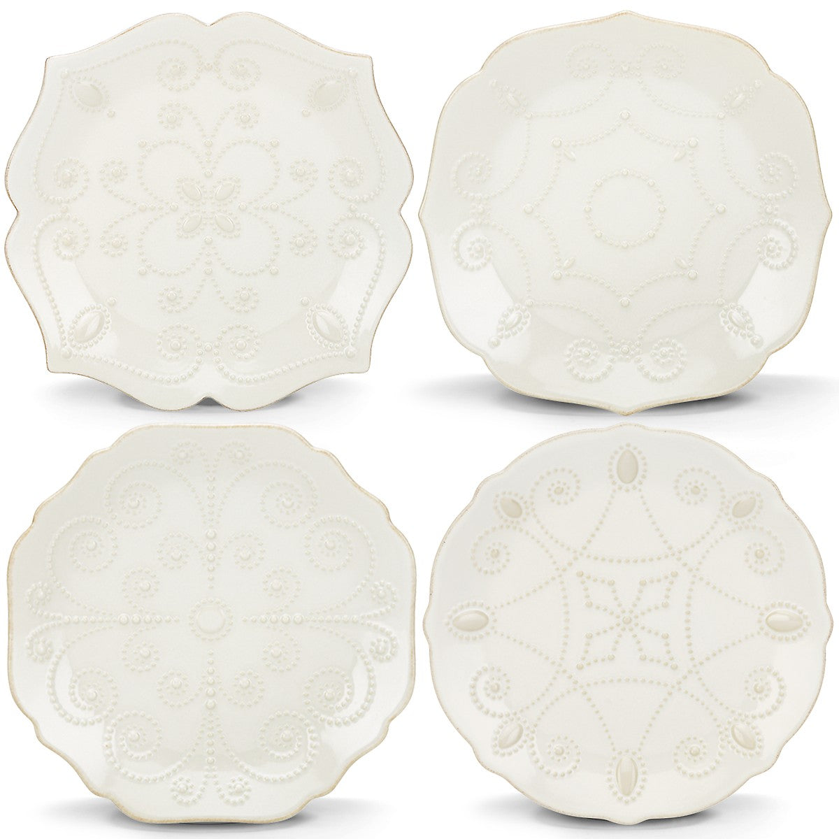 French Perle White Stoneware Dessert Plates, 4-Piece Set, Scalloped