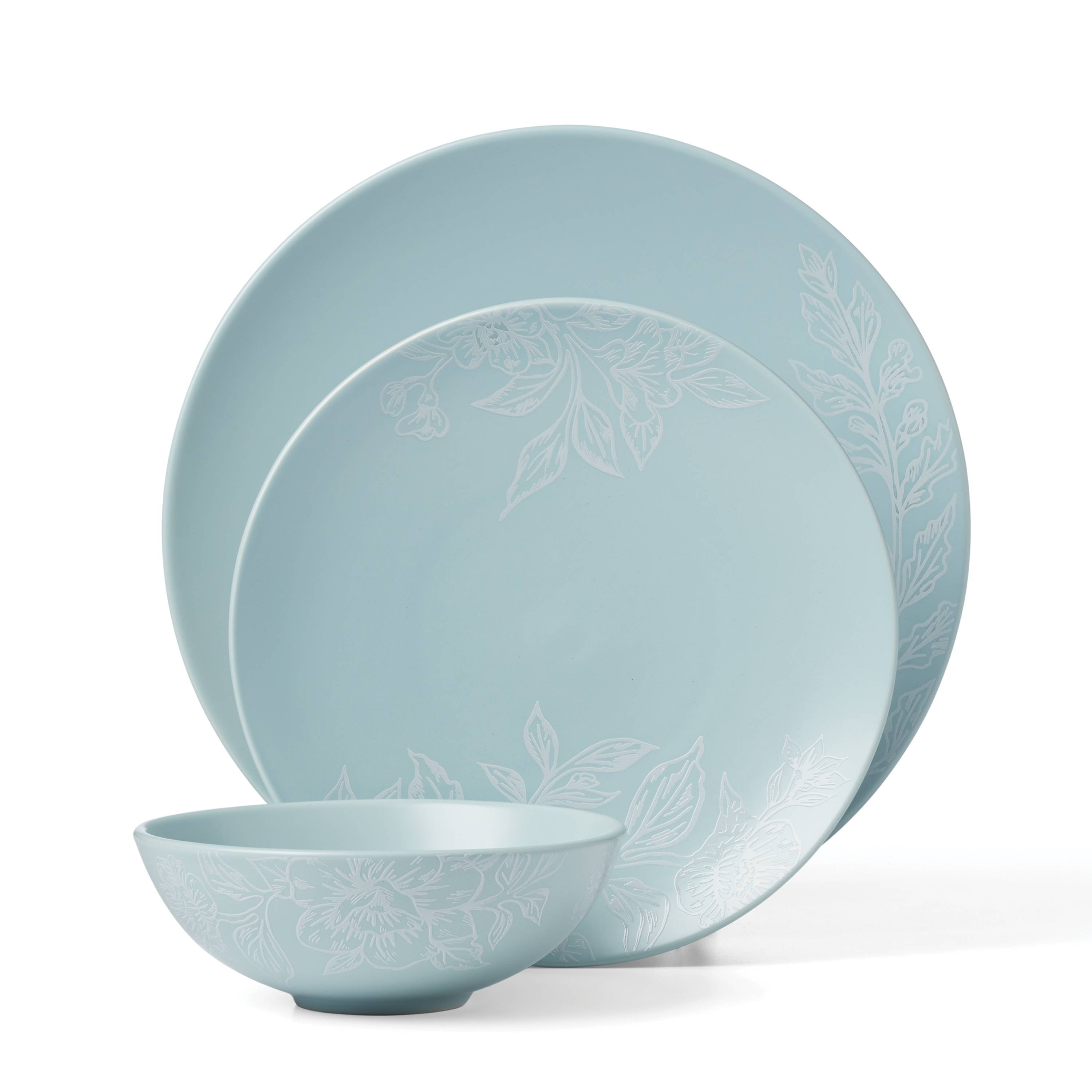 Oneida Roseto 12-Pc Stoneware Dinner Set, Embossed French Blue, Microw