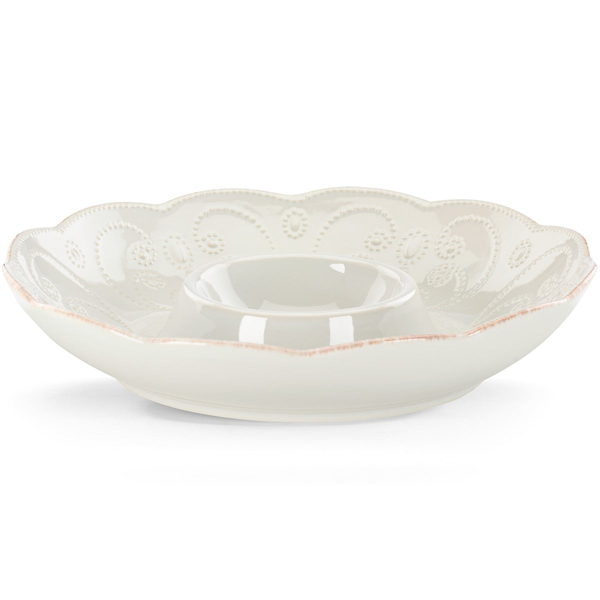 French Perle White Stoneware Chip & Dip Set with Hand-Applied Tea Stai