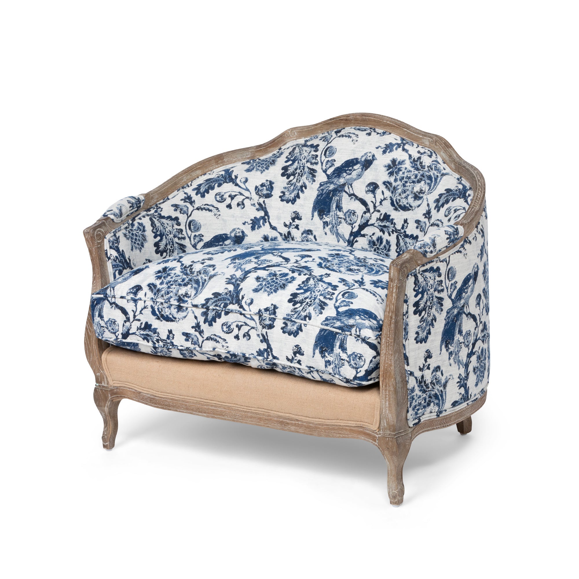 Bluebird Toile Settee - Cozy Two-Person Cottage Charm with Blue & Whit