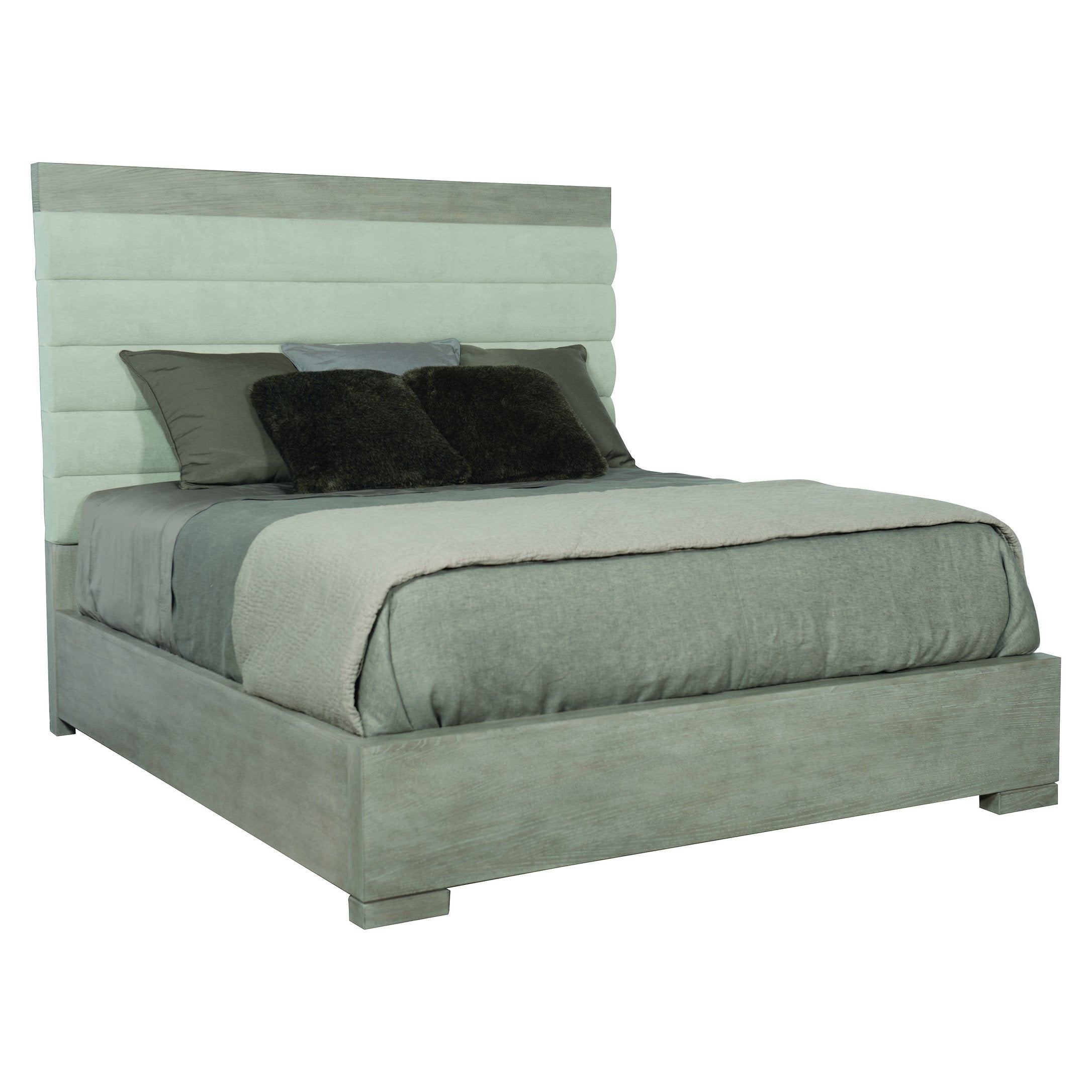 Bernhardt Cerused Greige Queen Panel Bed With Upholstered Inset Panels