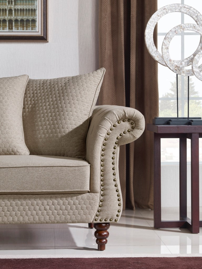 Nadine Transitional Beige Fabric Loveseat With Nailhead Trim, Solid Wo