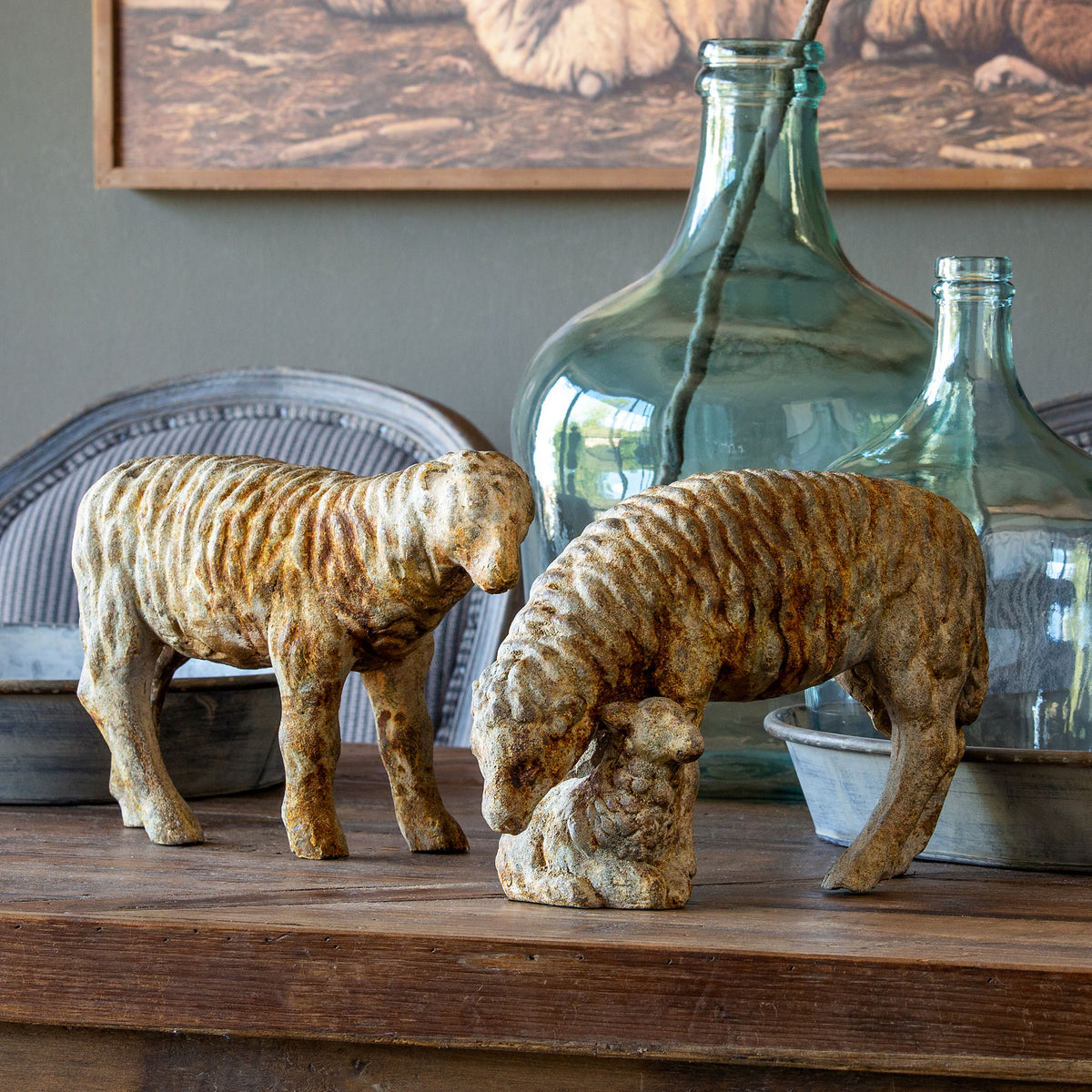 Country Sheep Family - Charming Distressed Set of 2 Sculpted Sheep for