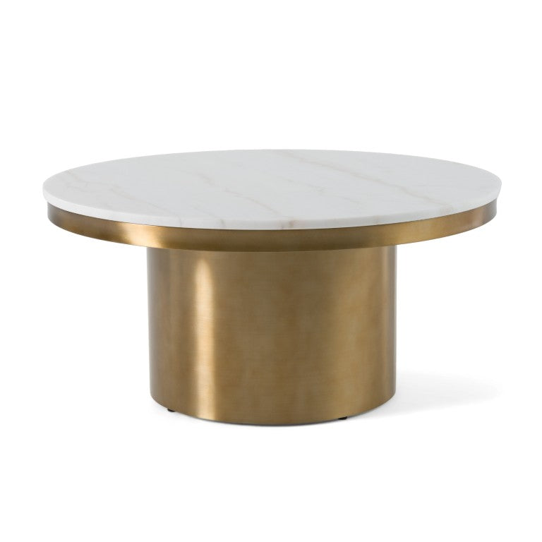 Rocky Round White Stone Coffee Table With Polished Gold Base, Modern G