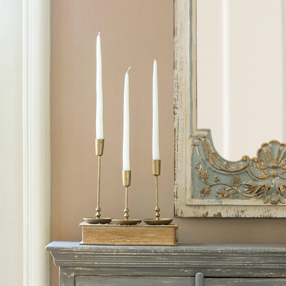 Antique Gold Colonial Taper Holders Set of 3 - Elegant Iron Candle Sti