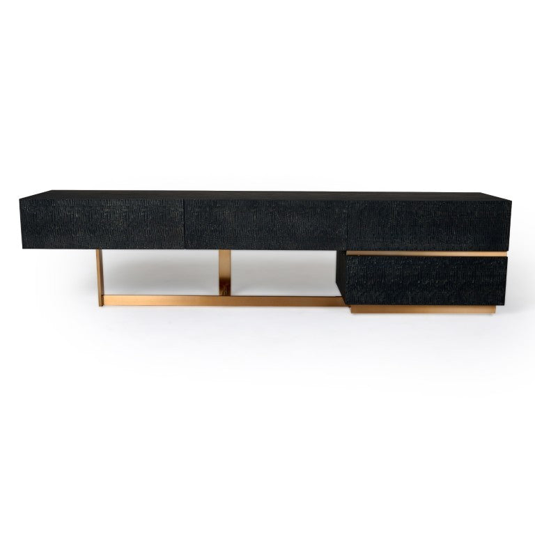 Modrest Tasha - Chic Black Ash TV Stand with Brushed Gold Legs & 4 Dra