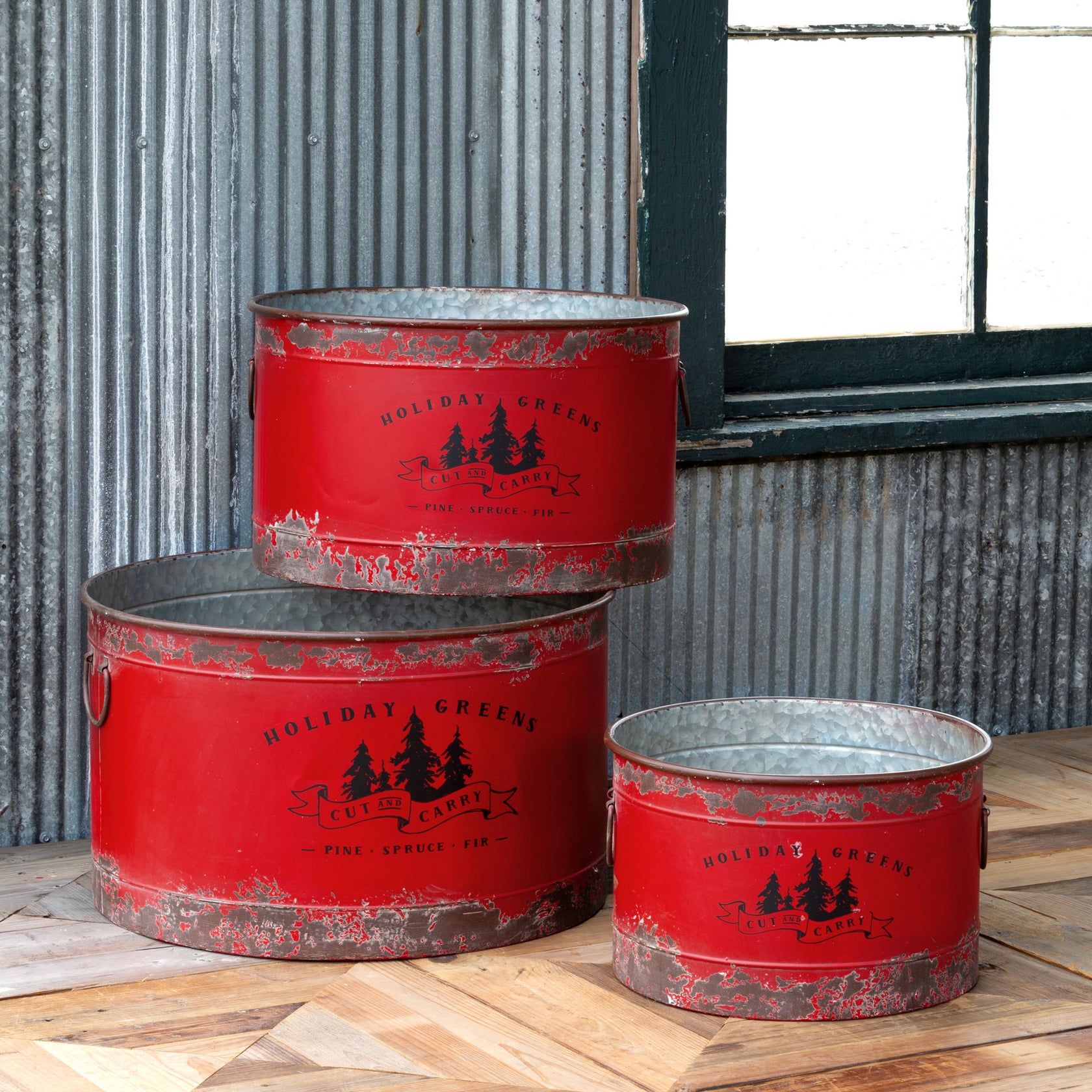 Antique Red Metal Tree Pots - Set of 3 Distressed Iron Containers for