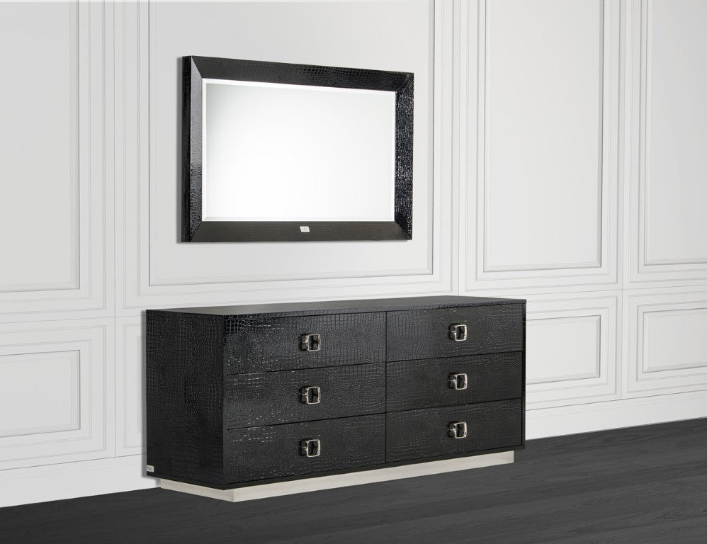 Victoria Elegant Black Crocodile Dresser – High-Gloss Modern 6-Drawer