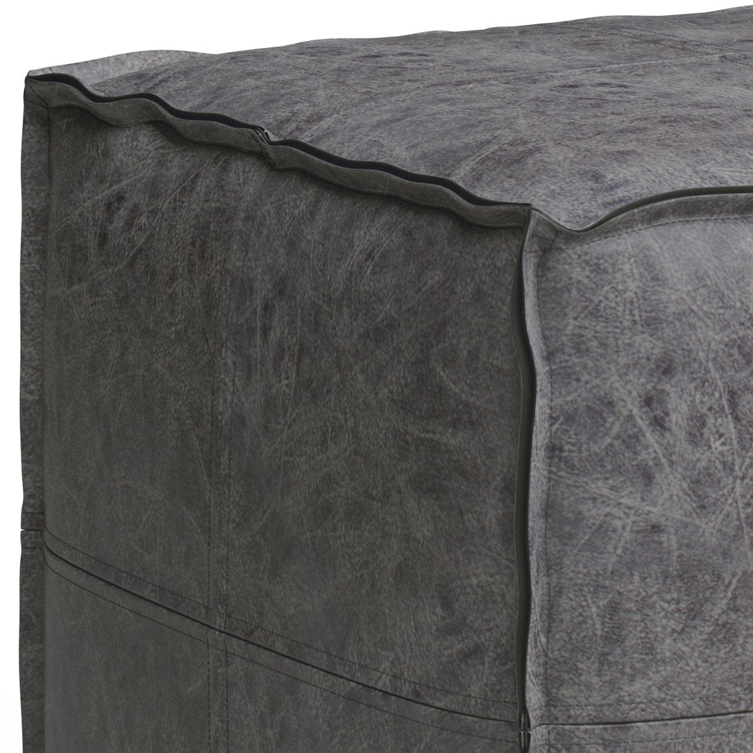 Brody Square Pouf - Distressed Black Vegan Leather For Modern Industri