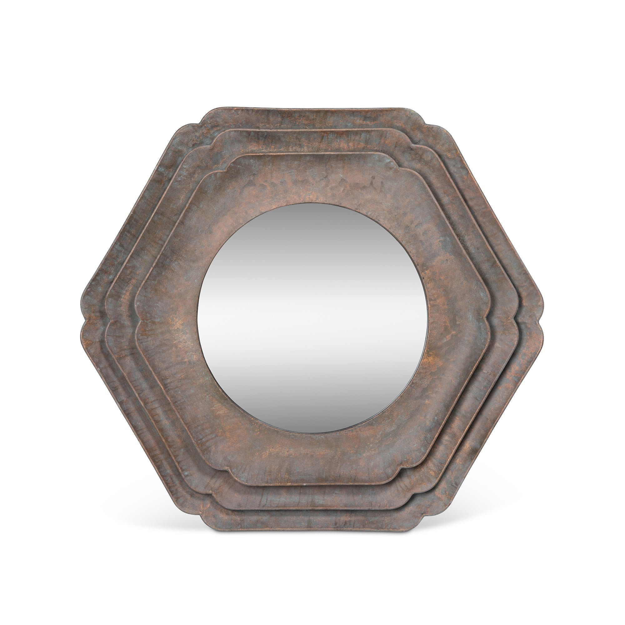 Round Hex Layered Mirror – Grand Distressed Metal Frame for Foyer or G