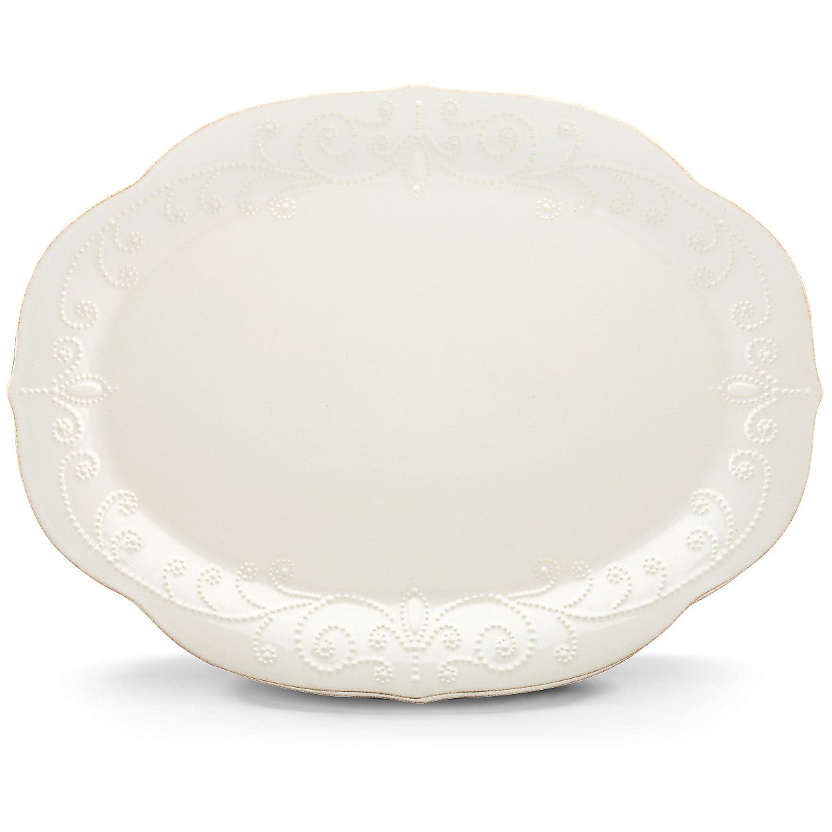French Perle White 16" Oval Stoneware Platter with Tea-Stained Bead De