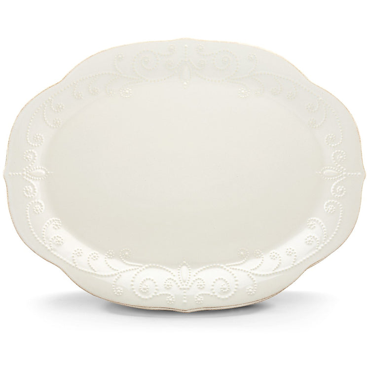 French Perle White 16" Oval Stoneware Platter with Tea-Stained Bead De