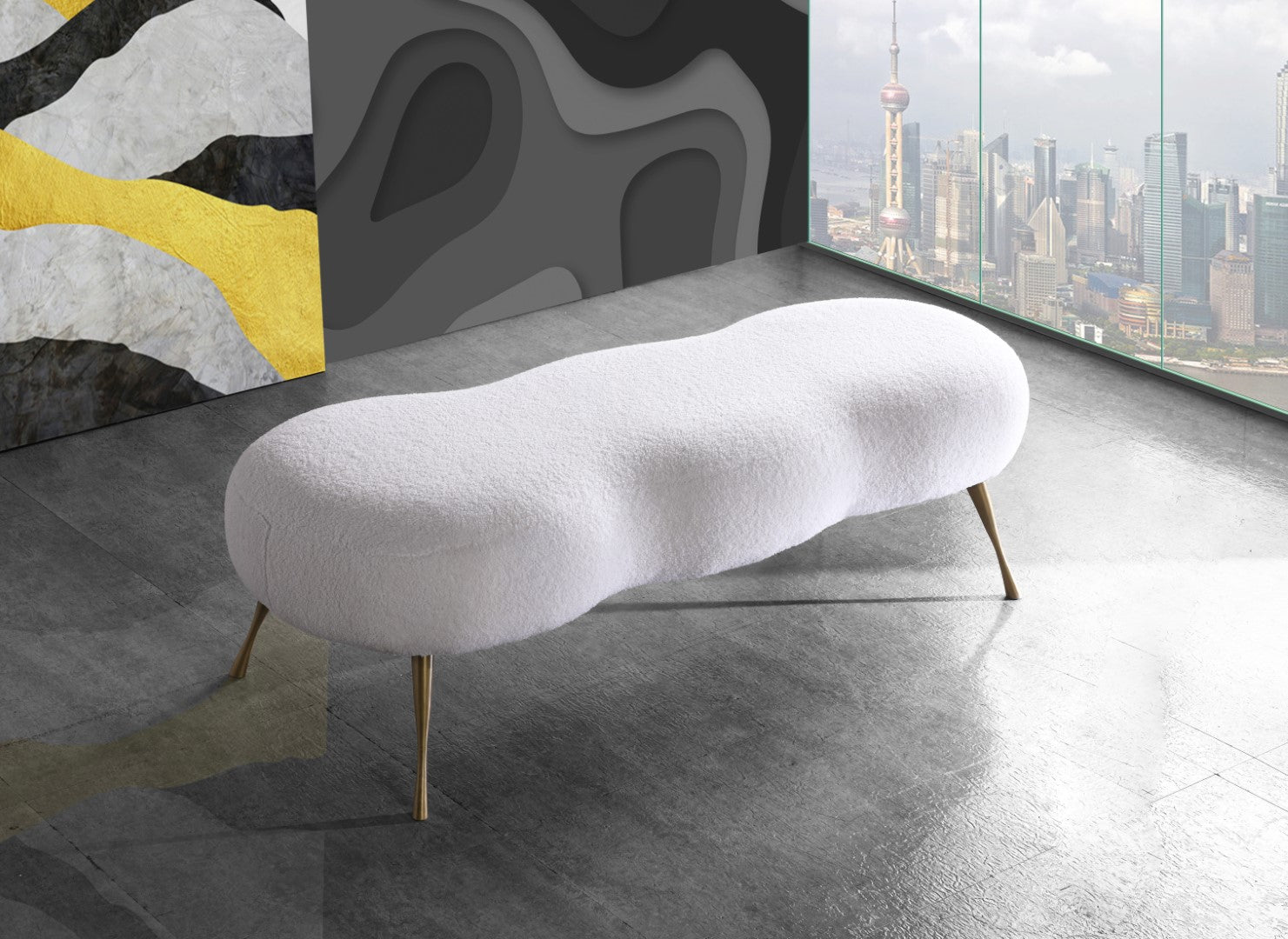 Nube Faux Sheepskin Fur Glam Bench with Gold Legs - Luxurious Contempo
