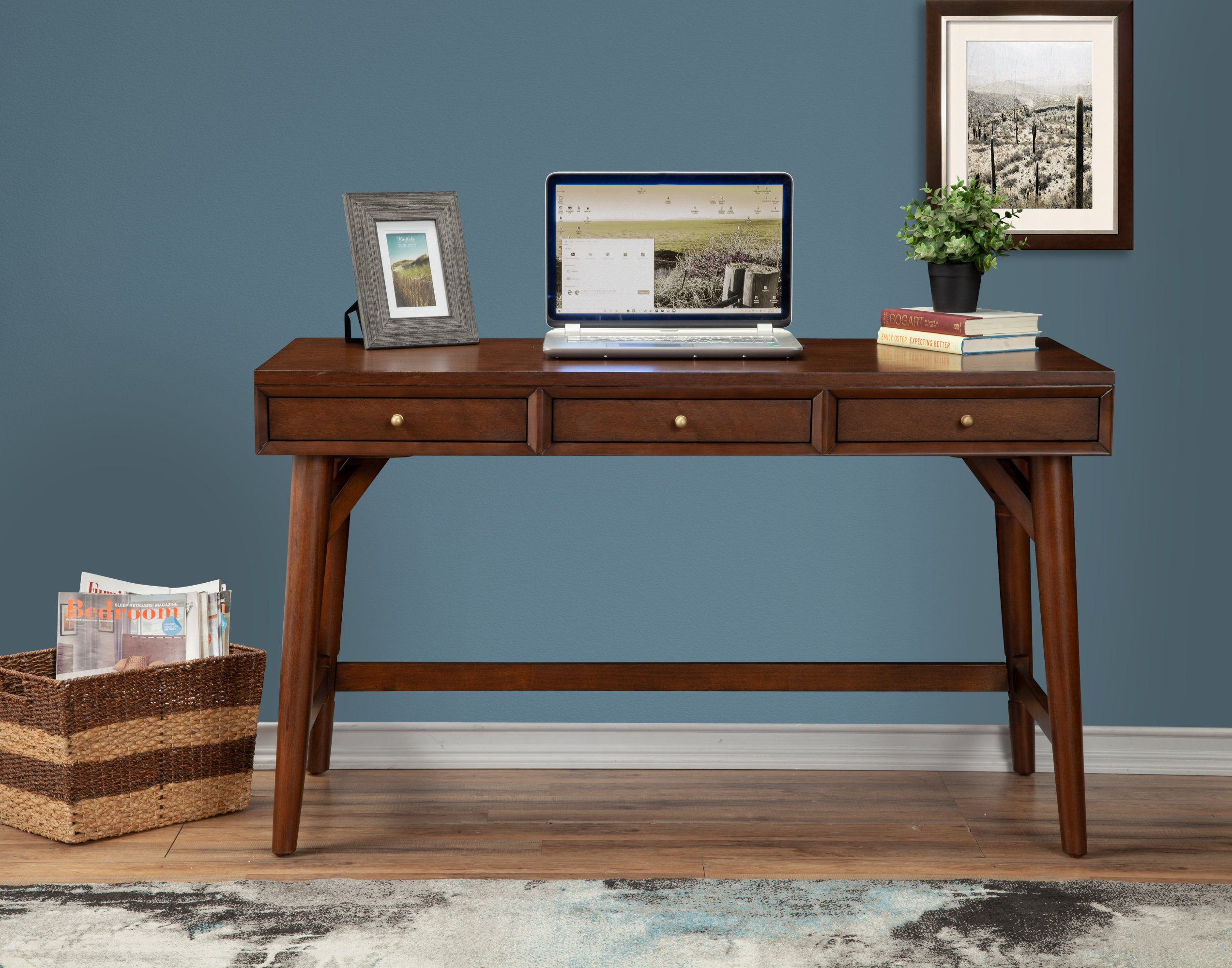 Flynn Large Desk in Rich Walnut - Mid-Century Modern Design with 3 Fel