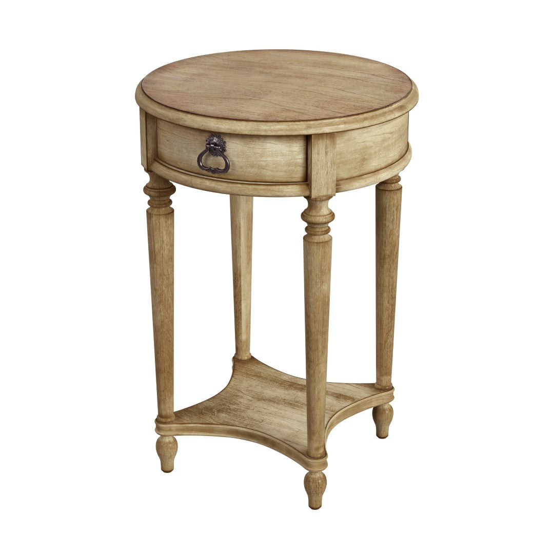 Jules Round End Table with Storage Drawer - Antique Beige Finish, Eleg