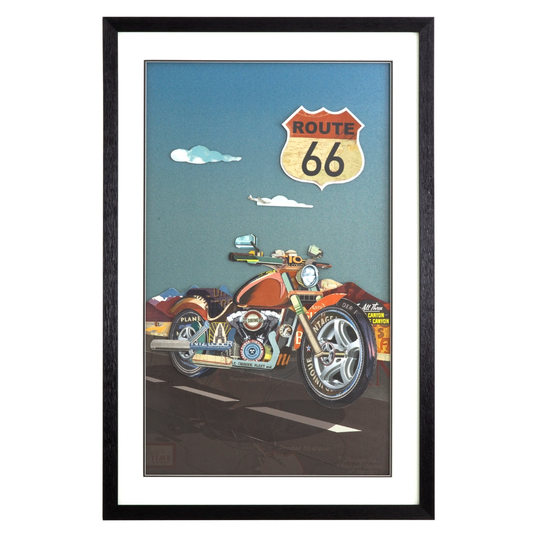 Motorcycle Collage Art on Route 66 - Vintage Travel Decor with Framed
