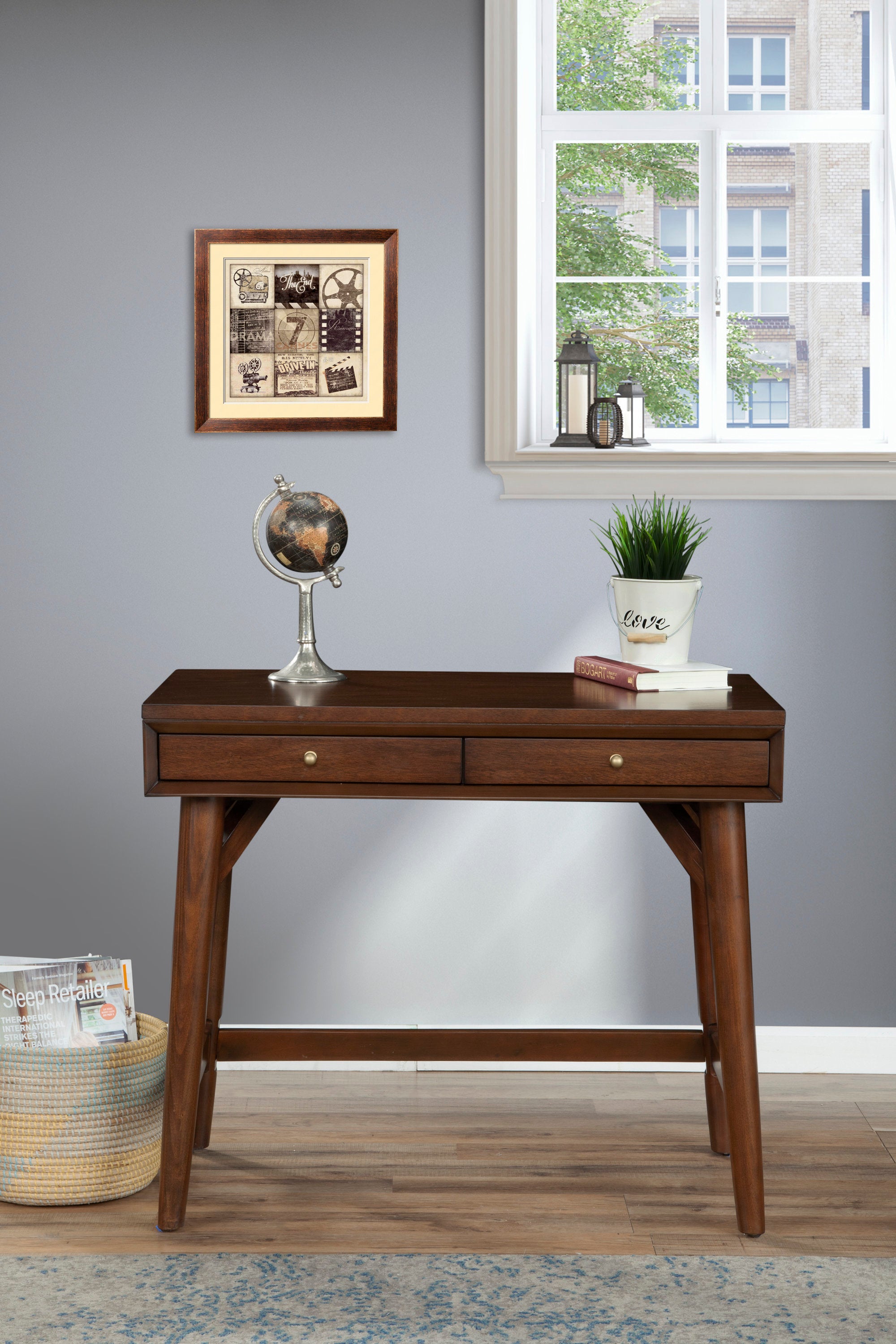 Flynn Mini Desk in Rich Walnut – Mid-Century Style with 2 Felt-Lined D