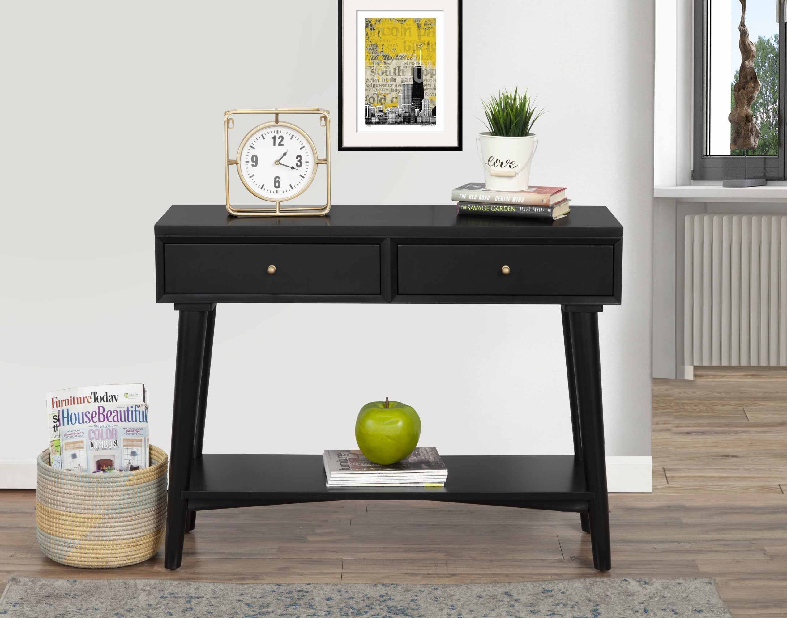 Flynn Modern Console Table in Black - Stylish Mahogany & Okume Veneer