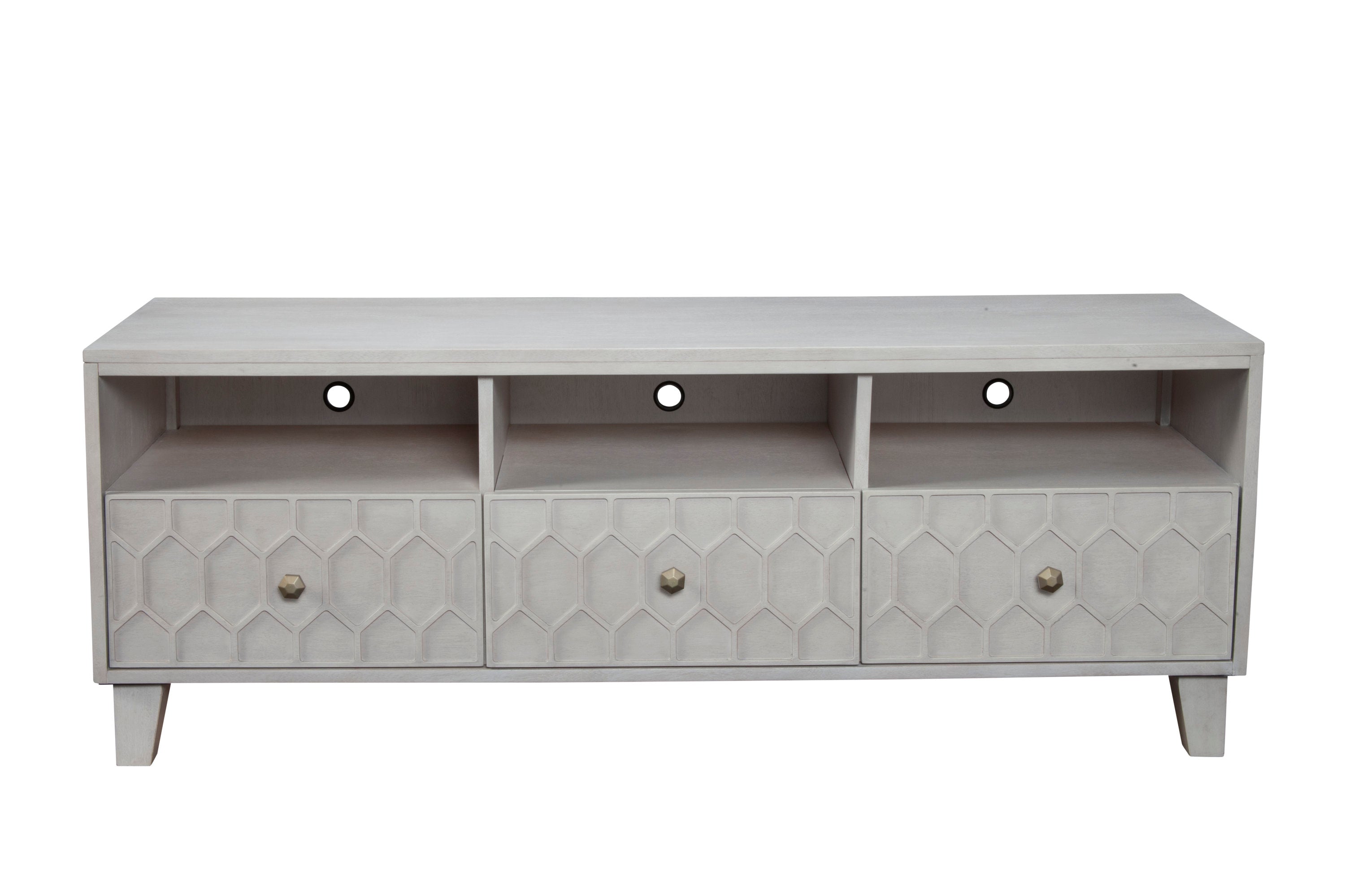 Denver TV Console with Honeycomb Design – Gray Mahogany Stand, 3 Drawe