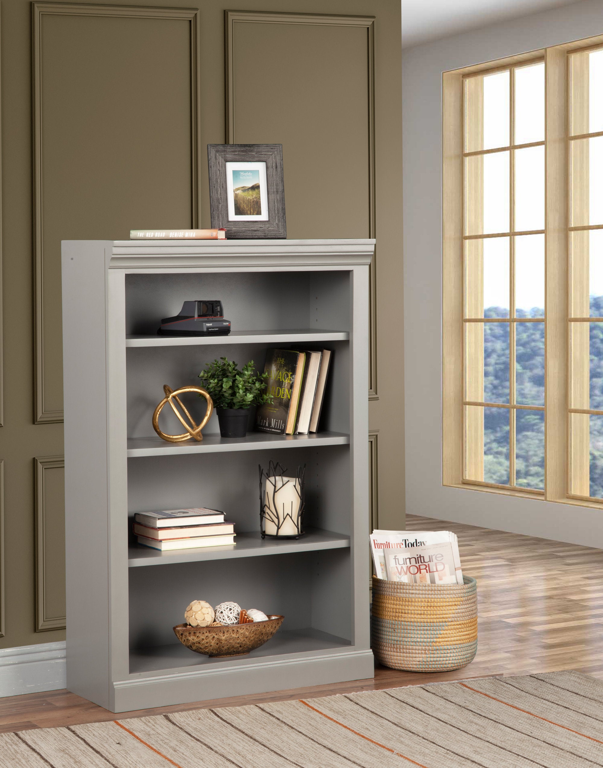 Edgar 48" Gray Bookcase with Adjustable Shelves - Durable Poplar & MDF