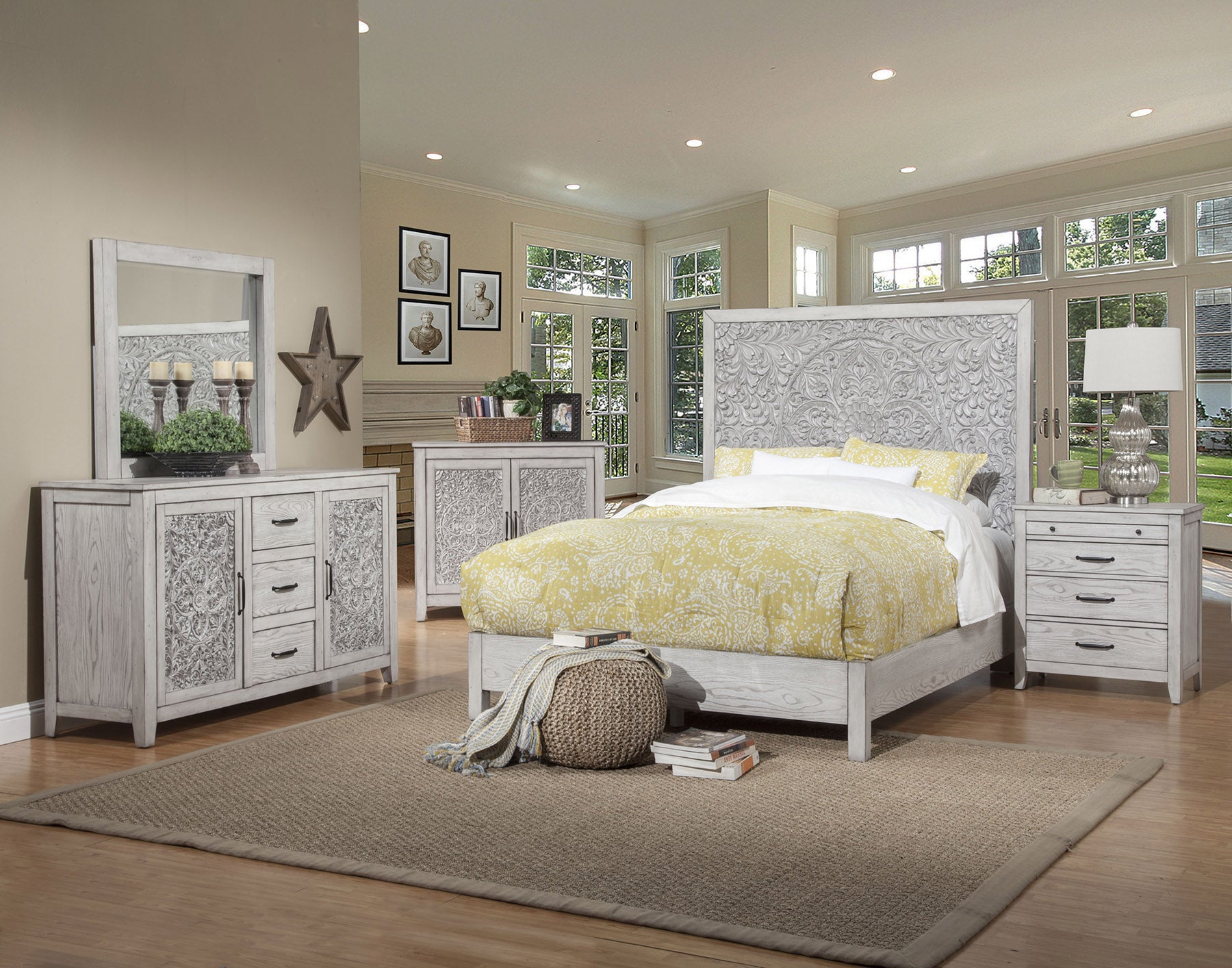 Aria Queen Panel Bed in Weathered White - Handcrafted Mahogany with Fl