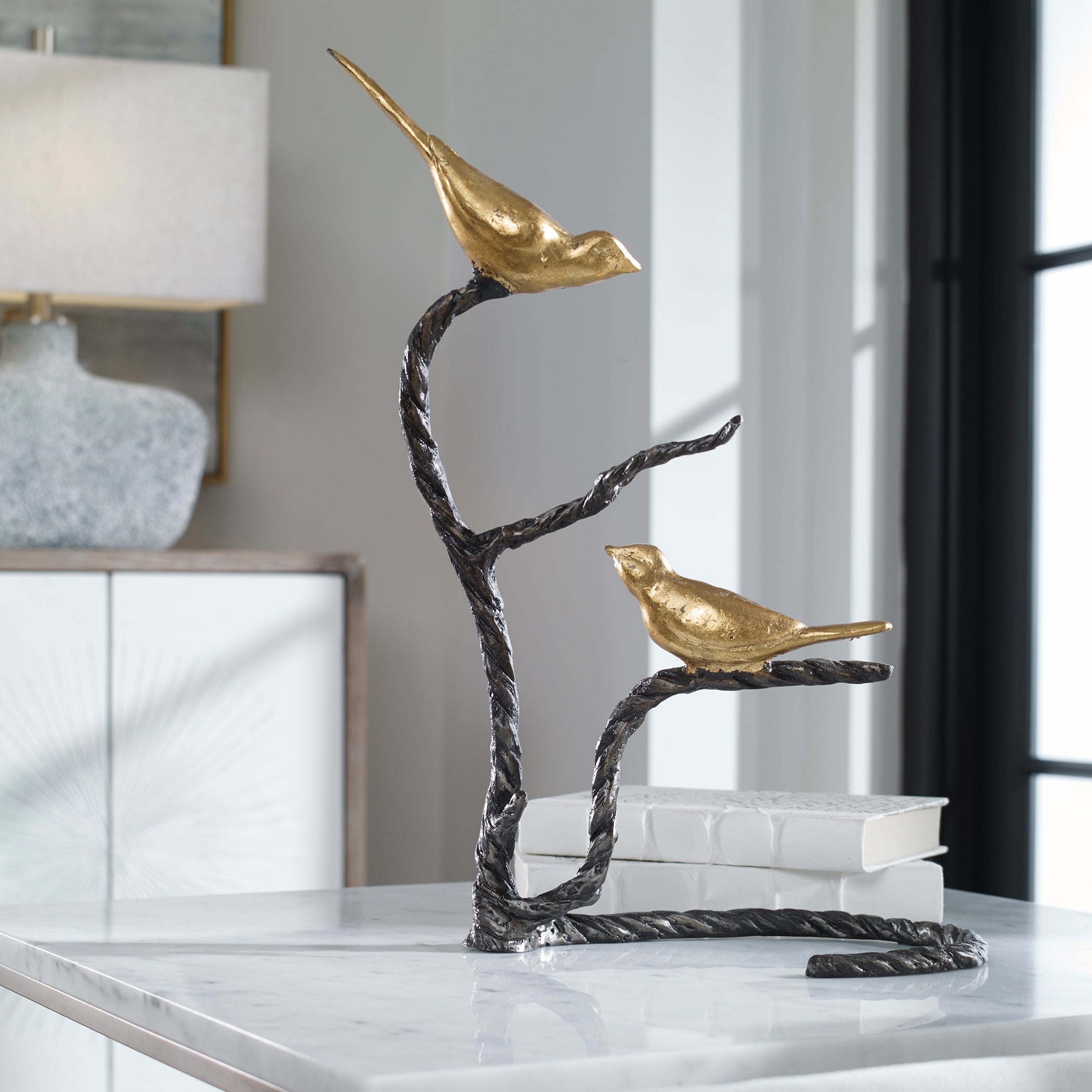Birds On A Limb Sculpture - Stunning Twisted Wrought Iron Design with