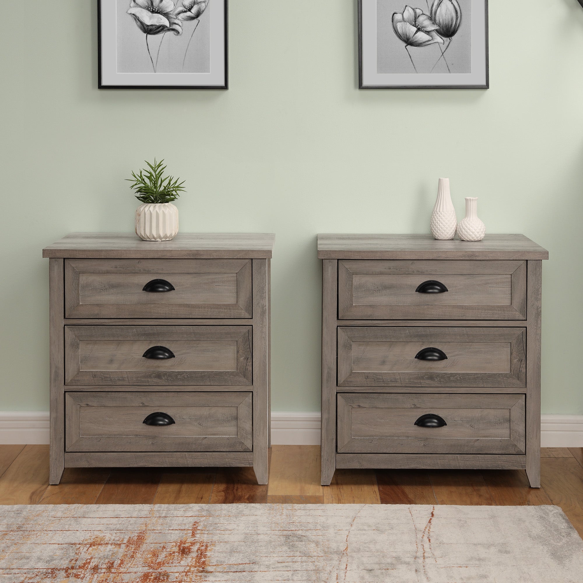 Odette 25" Stylish 3 Drawer Nightstand with Rustic Cup Handles for Coz