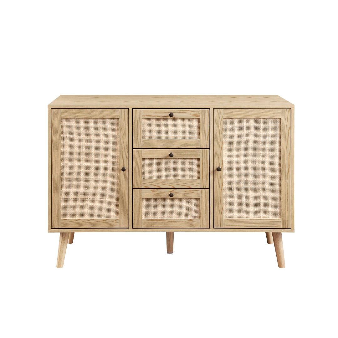 Boho Three Drawer Sideboard with Rattan Doors - Stylish Solid Wood Sto
