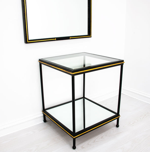 CT378 Elegant Black and Gold Side Table with Glass Top & Mirrored Bott ...