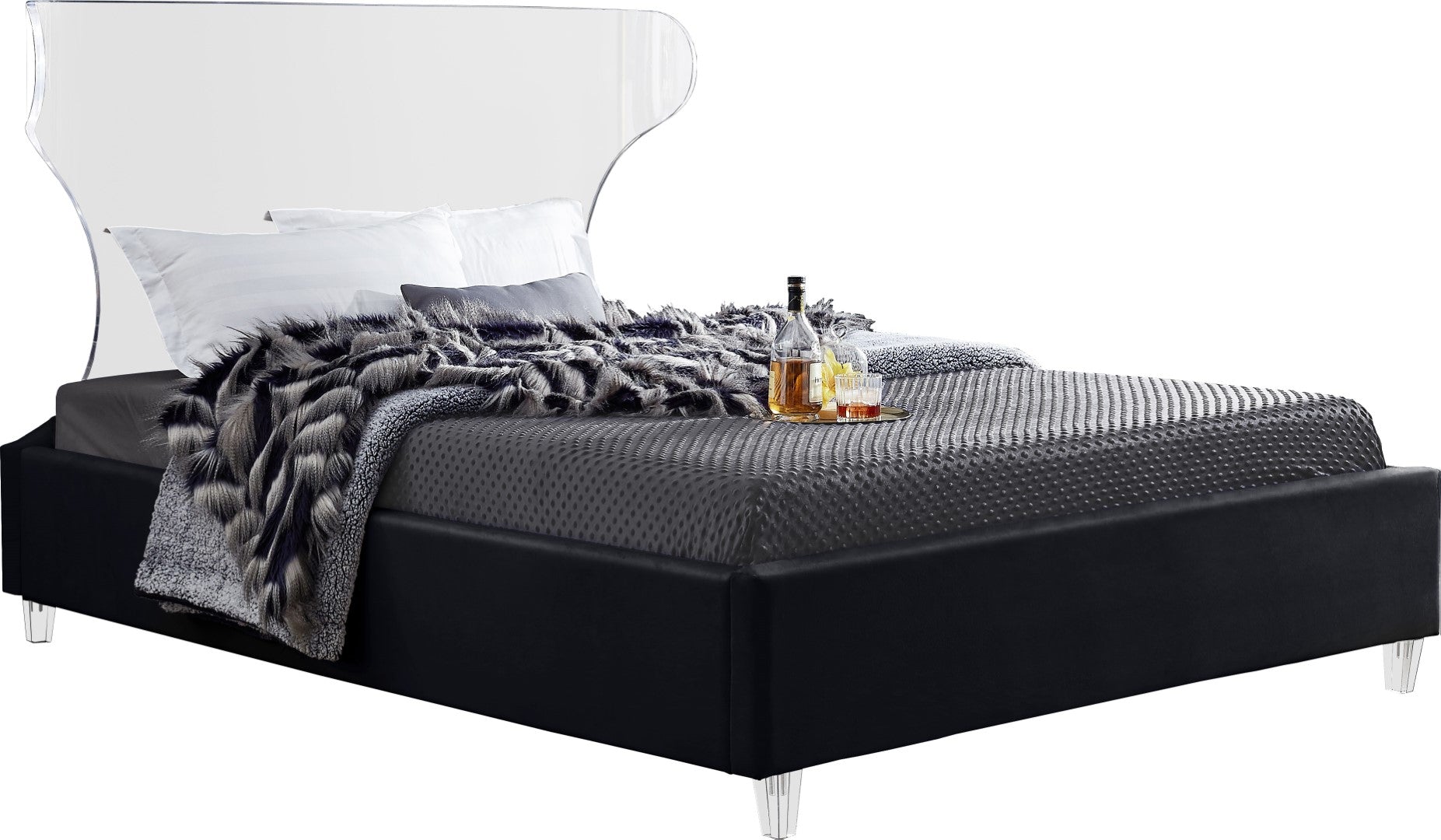 Ghost Acrylic Contemporary Bed with Plush Upholstered Rails, Curved He