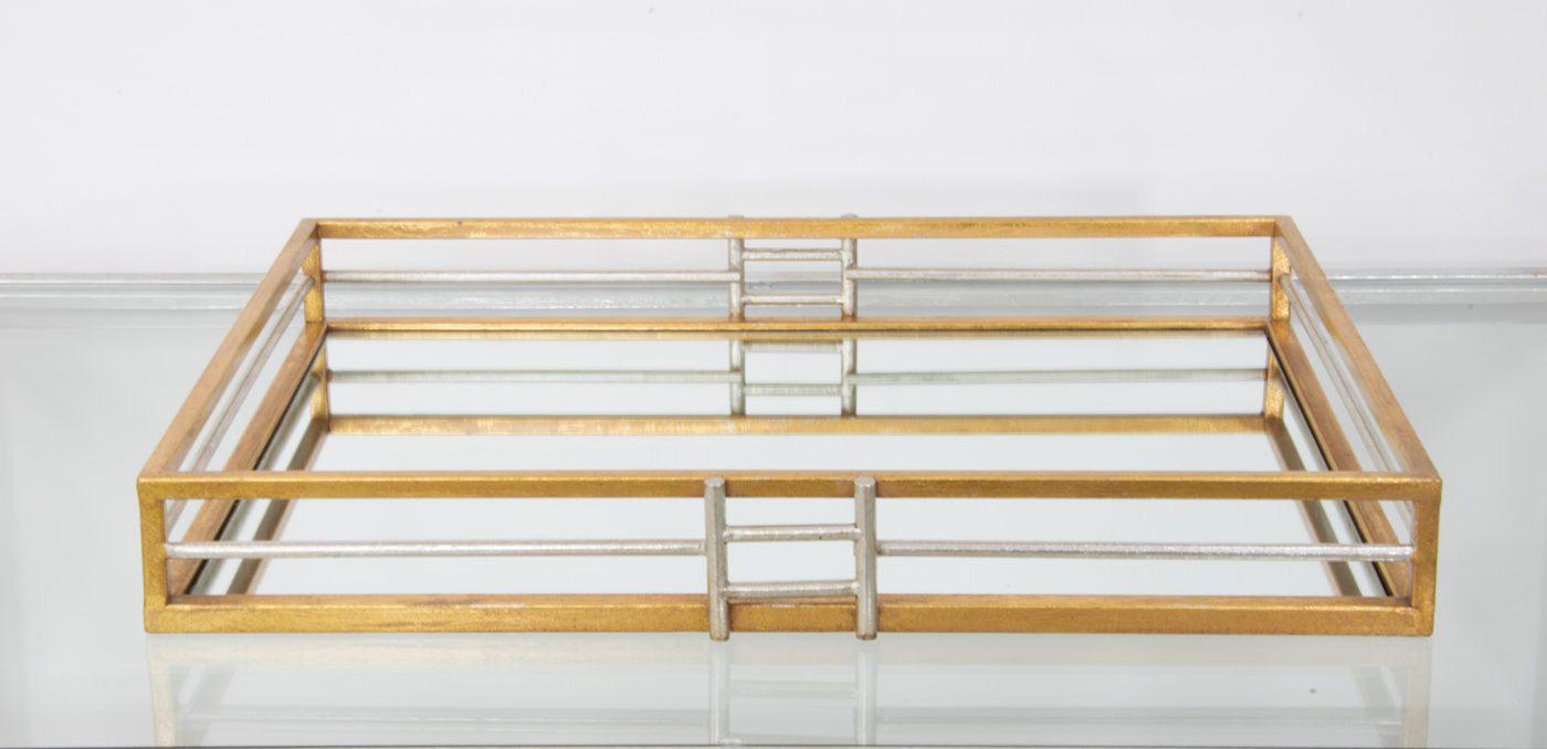 Helen Gold and Silver Tray - Elegant Metal Decorative Tray with Mirror