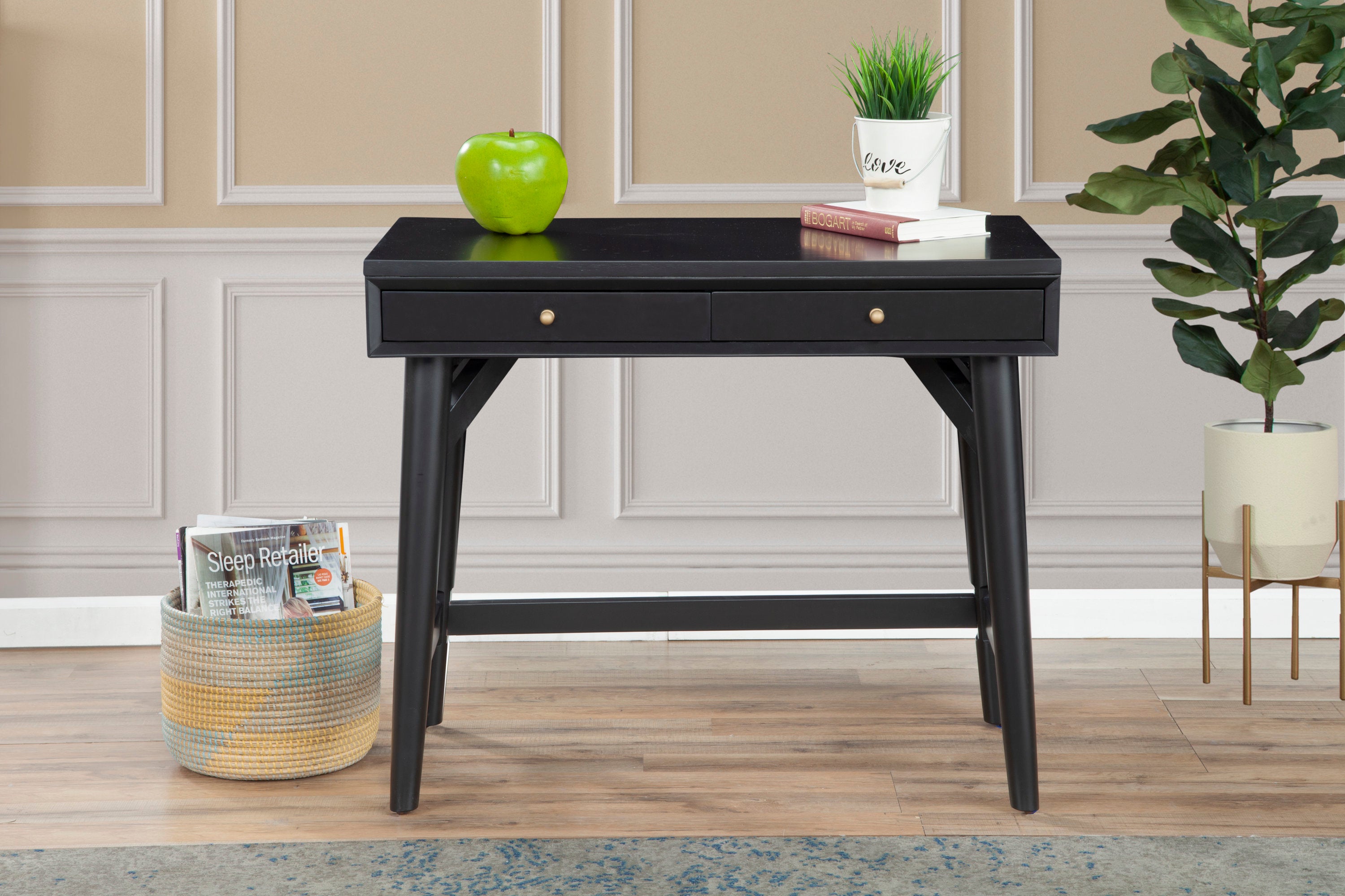 Flynn Mini Desk in Black - Mid-Century Design with 2 Felt-Lined Drawer